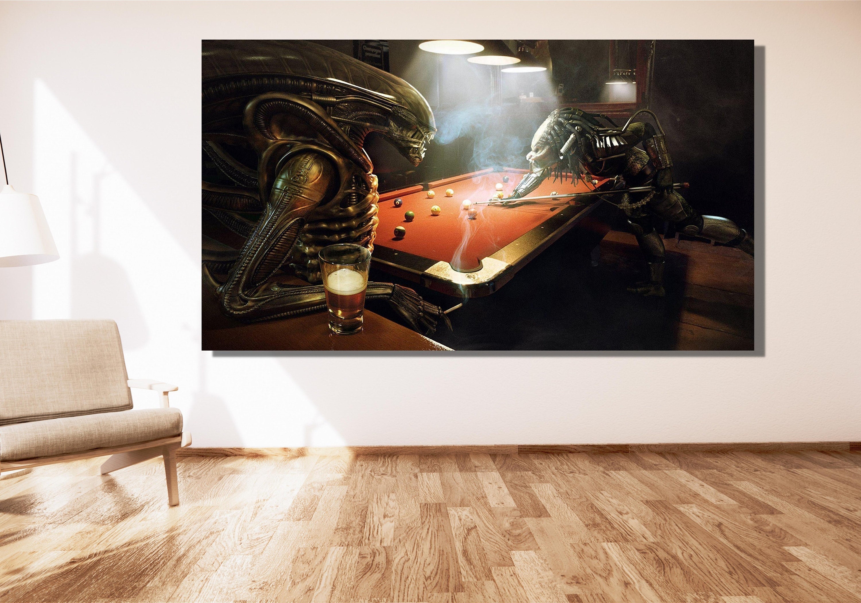 Predator Vs Alien Playing Pool Canvas Wall Art Design, Poster Print ...