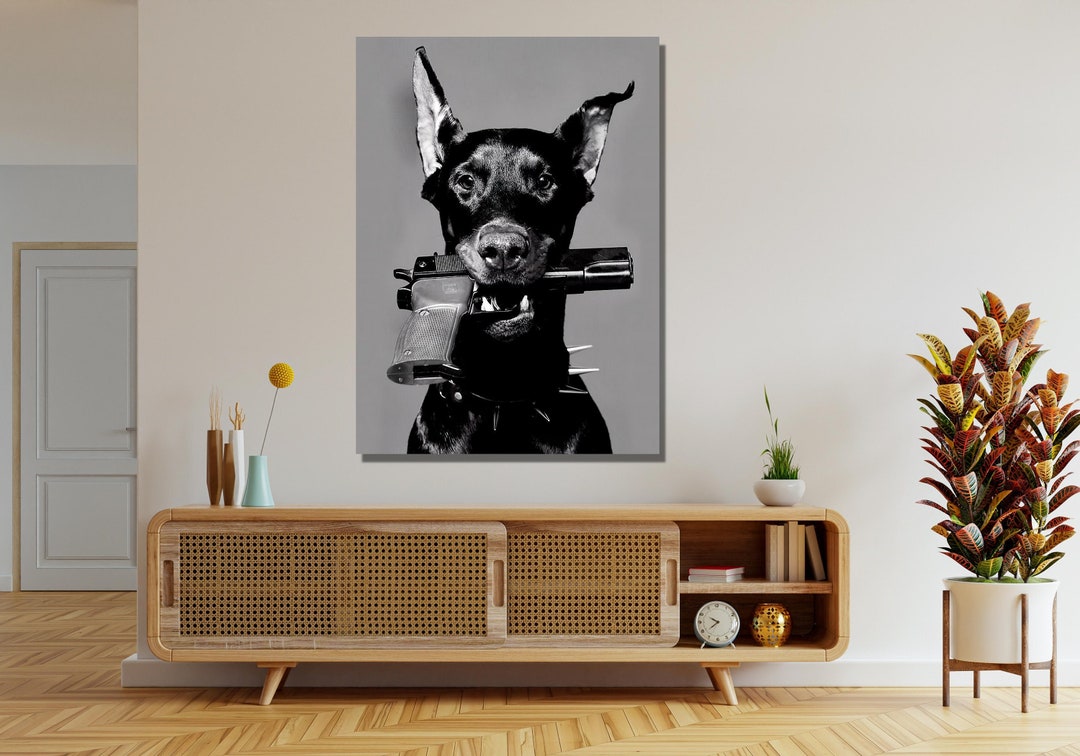 Doberman Dog With Pistol Print,doberman Poster,dog With Gun Canvas Wall ...