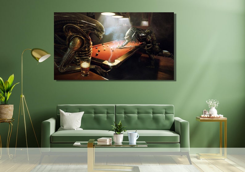 Predator Vs Alien Playing Pool Canvas Wall Art Design, Poster Print ...