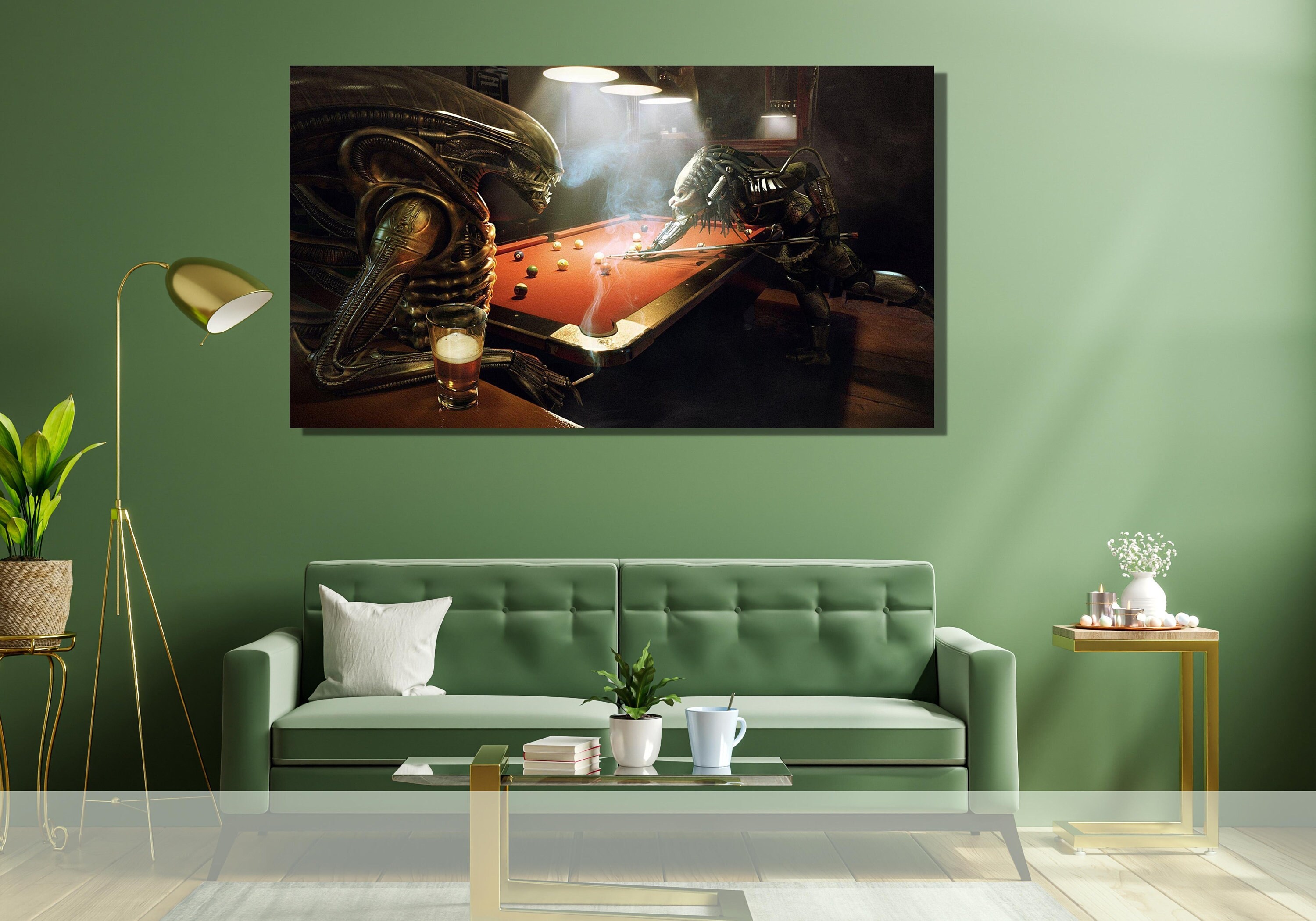 Predator Vs Alien Playing Pool Canvas Wall Art Design, Poster Print ...