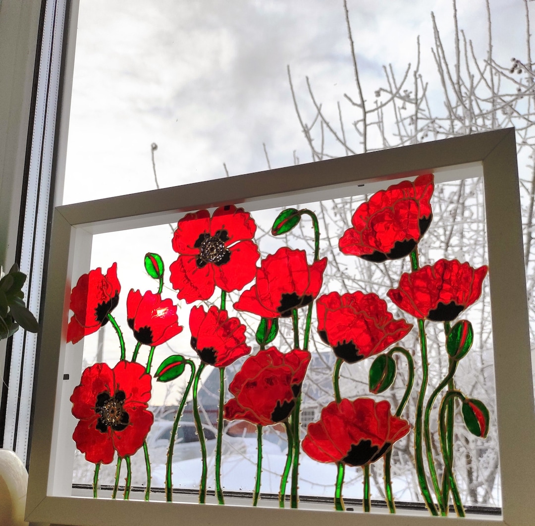 Red Poppy Stained Glass Panel – Hand-painted Floral Window Art - Etsy