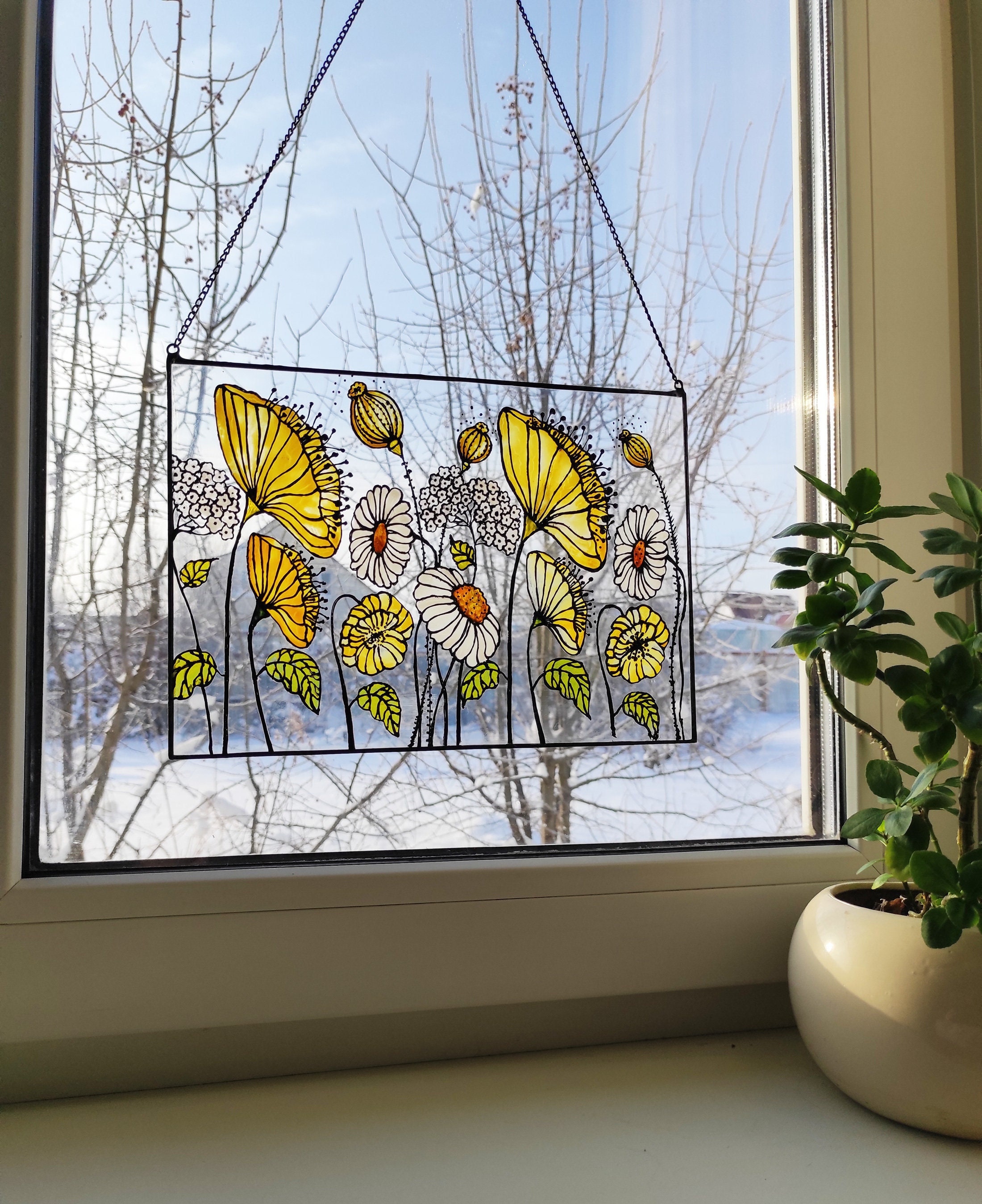 Poppy Art Daisy Art Window Hanging Landscape Flower Glass - Etsy