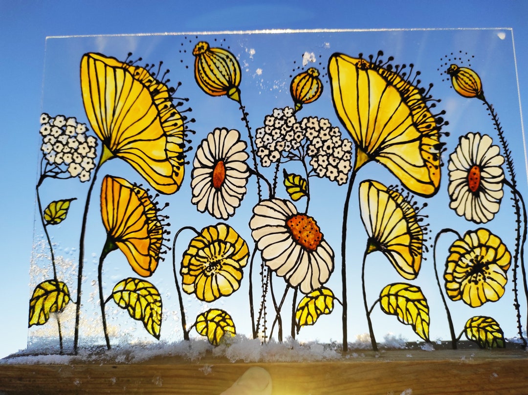 Poppy Art Daisy Art Window Hanging, Landscape Flower Glass Painting - Etsy