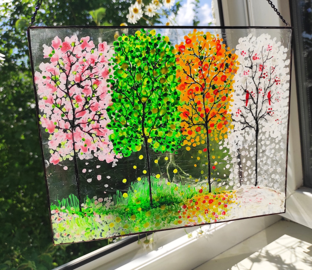 Four Seasons Trees Glass Painting: Hand-painted Window Decor - Etsy