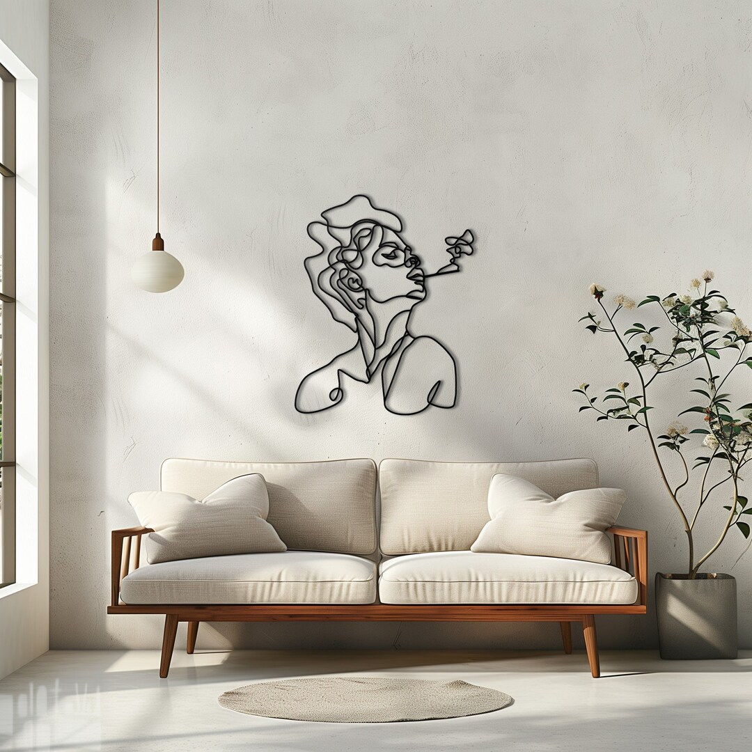 Metal Line Art Portrait of Smoking Woman, Woman Metal Bedroom Wall Art ...