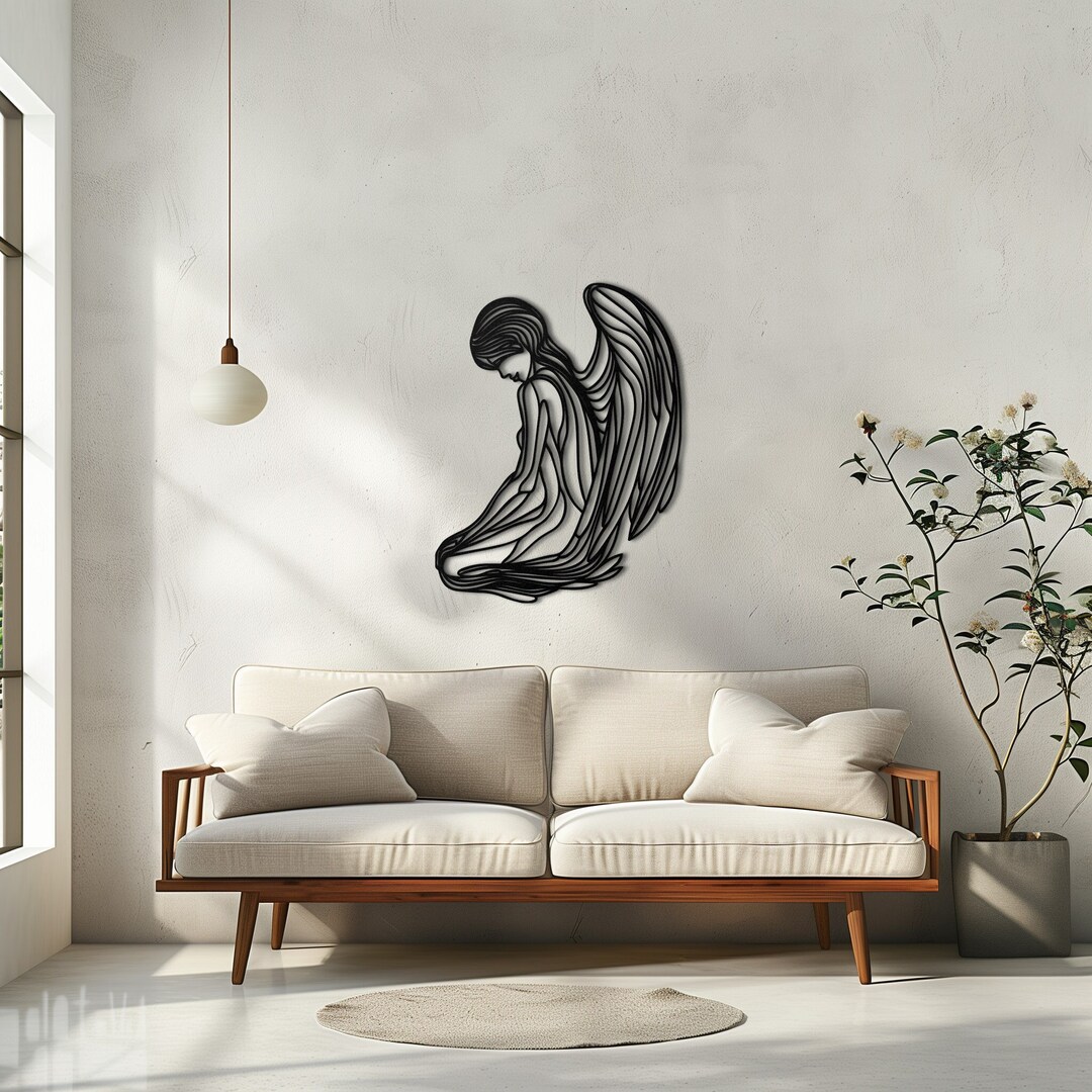 Women With Angel Wings Metal Line Art, Angel Women Wall Decor ...