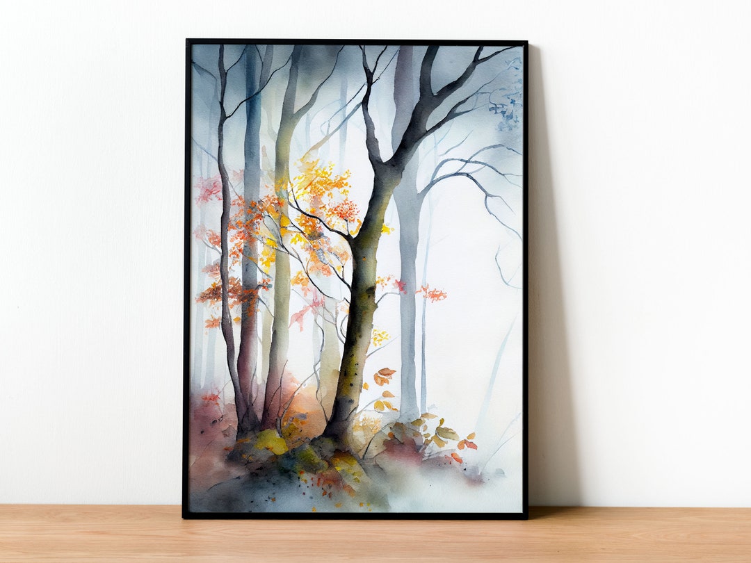 Fall Tree Watercolor Painting. Watercolor Autumn Forest Trees Painting ...