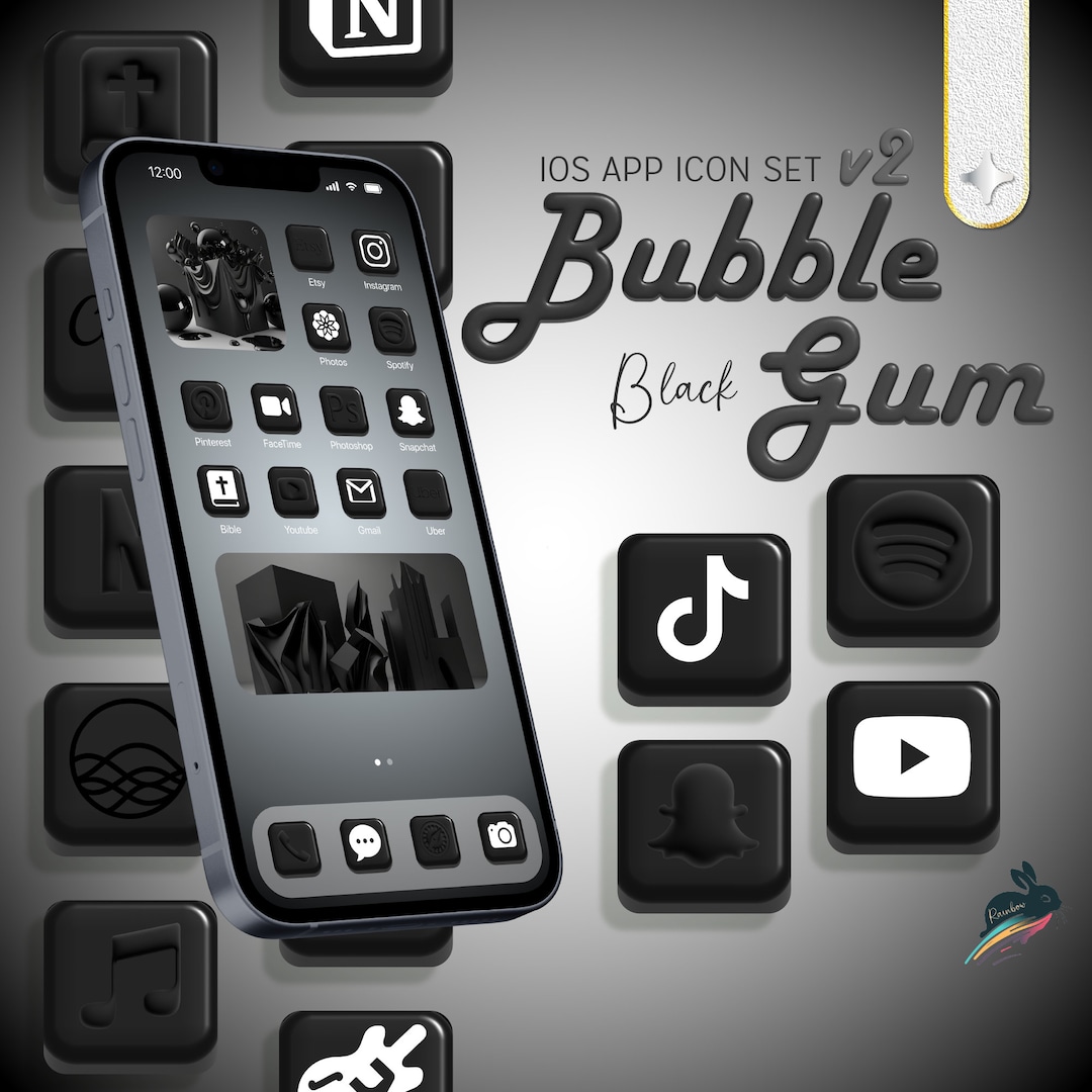 Bubble Gum V2 Black (silver) Ios Icon Set, 480 + Icons, 122 Icons in 2 Aesthetic Colors and ...
