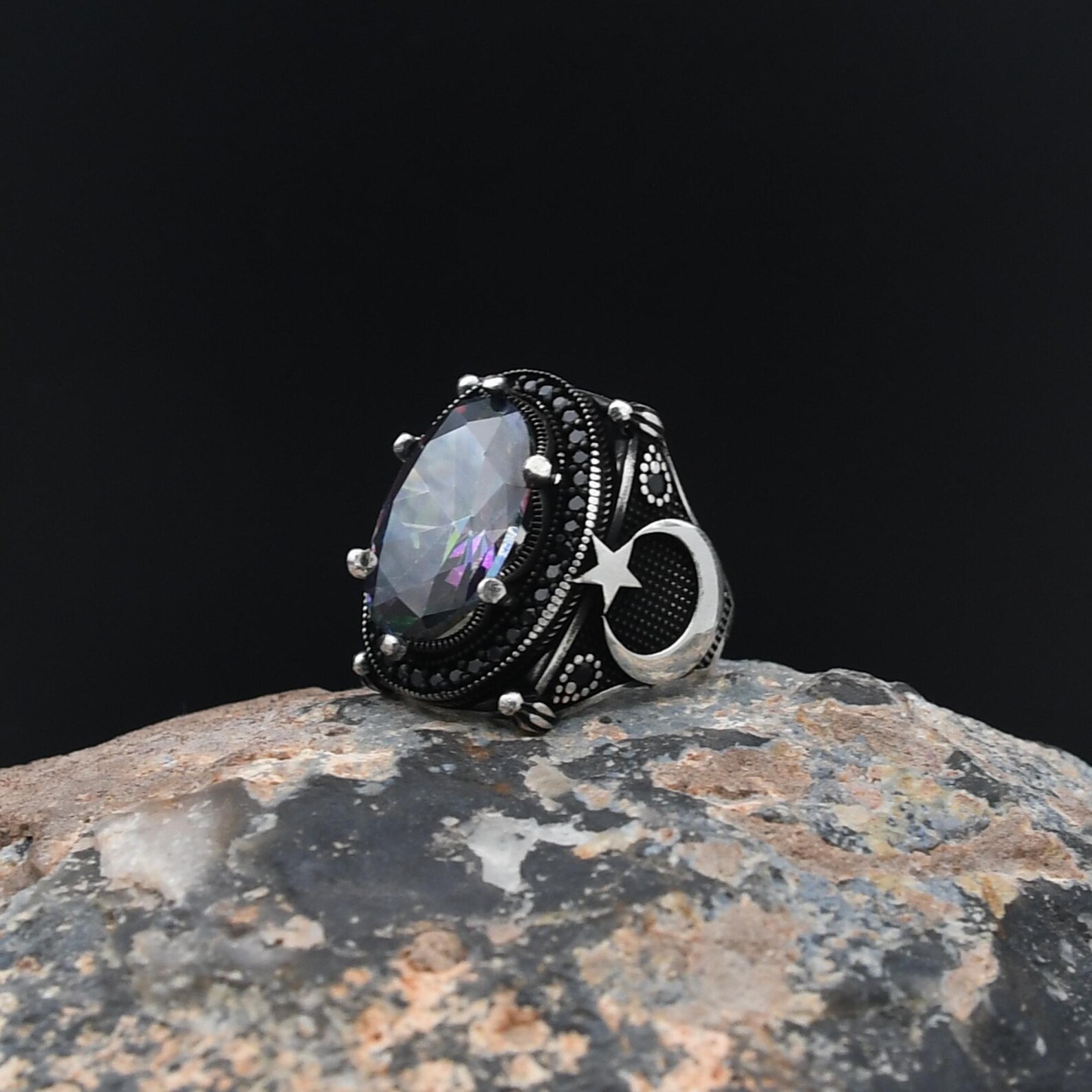 Crescent Moon and Star Ring, 925 Sterling Silver Ring, Onyx, Topaz ...
