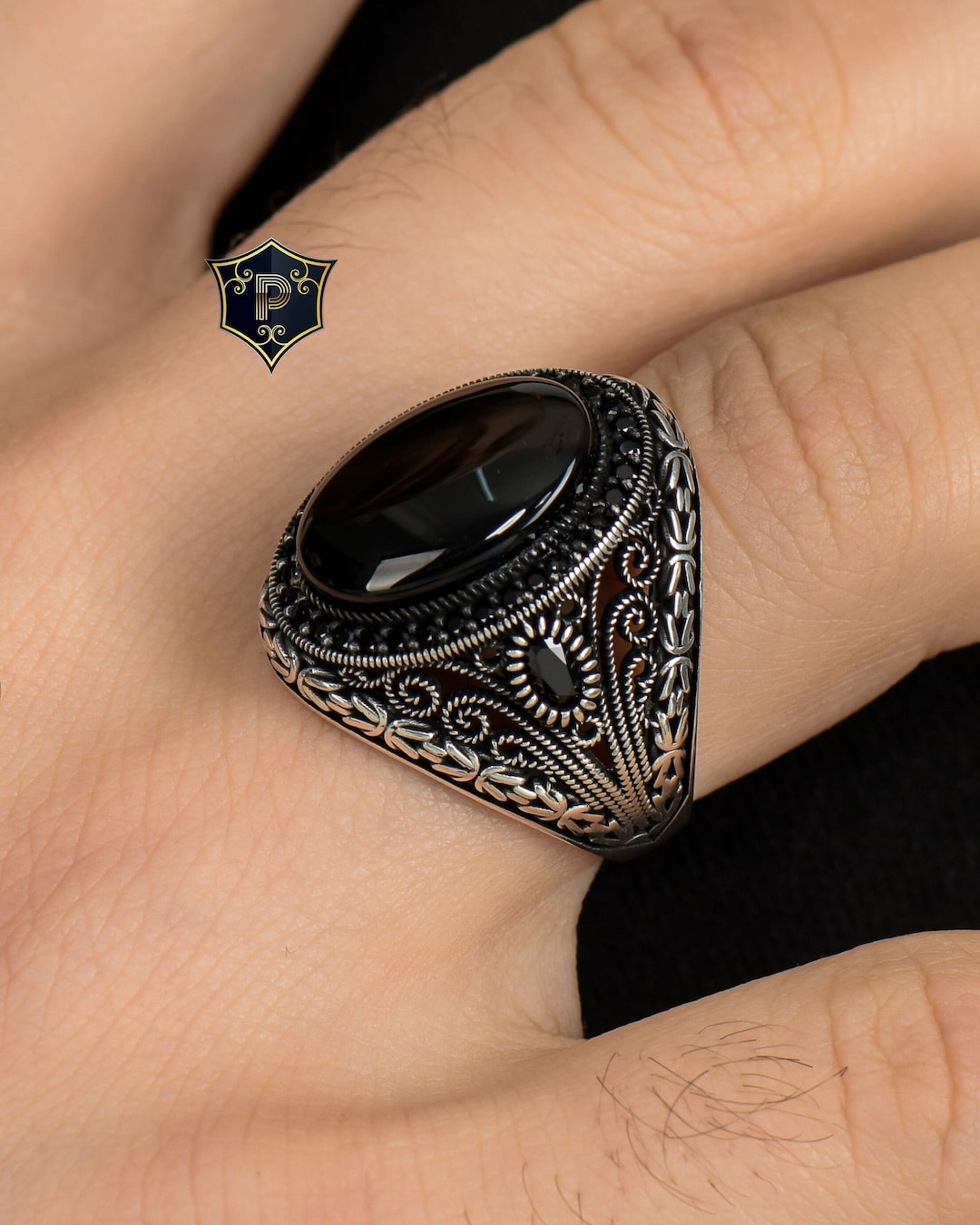 Byzantine Chain Design Ring, Turkish Silver Ring, Men's Black Onyx ...