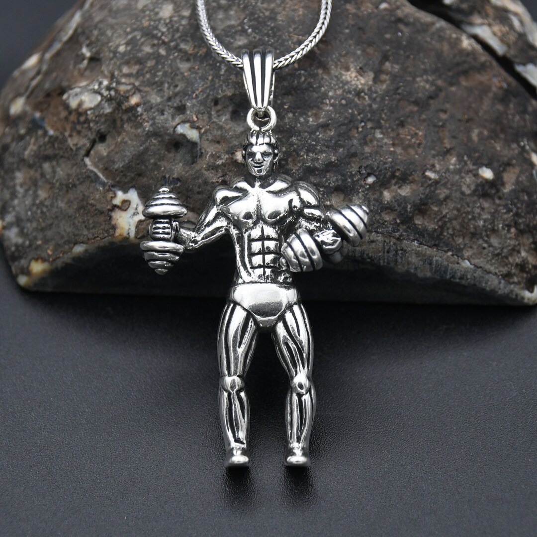 Bodybuilder Necklace, 925k Silver Men Jewelry, Gym Dumbbell Necklace ...