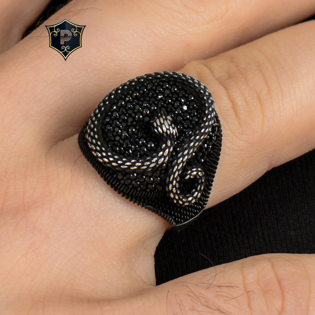 Silver Snake Men Ring, Black Cubic Zirconia Gemstone Ring, Snake Unisex ...