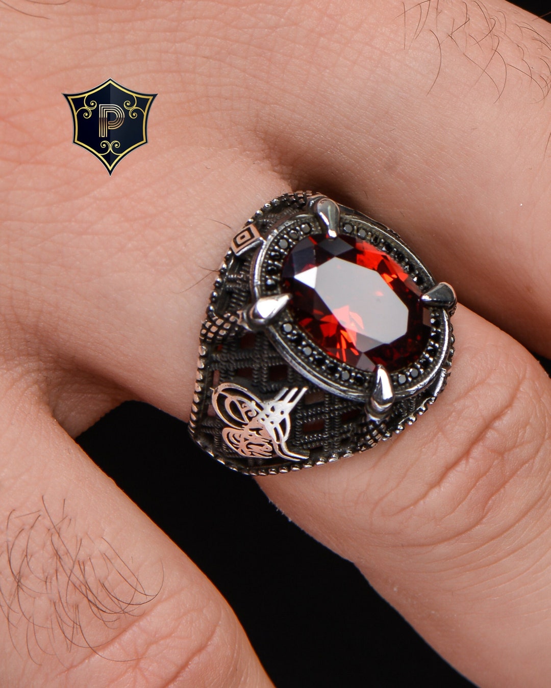 Ottoman Sultan Ring, Mens Handmade Turkish Ring, Red Garnet Gemstone ...