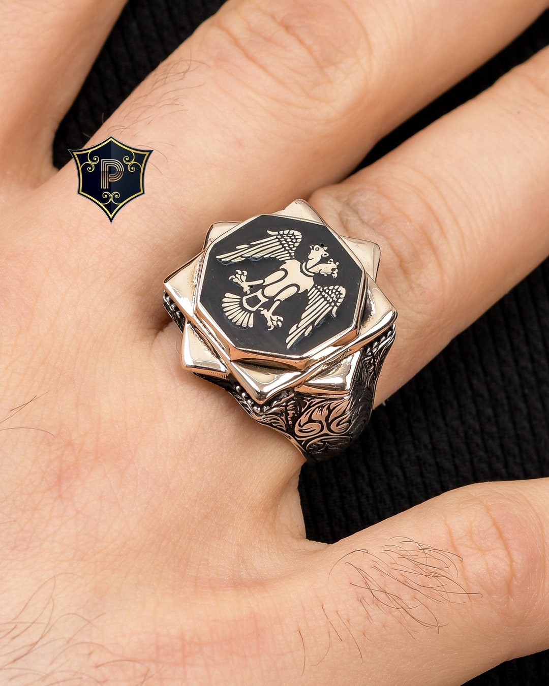 Double Headed Seljuks Eagle Ring, Men's Handmade Silver Ring, 925 ...