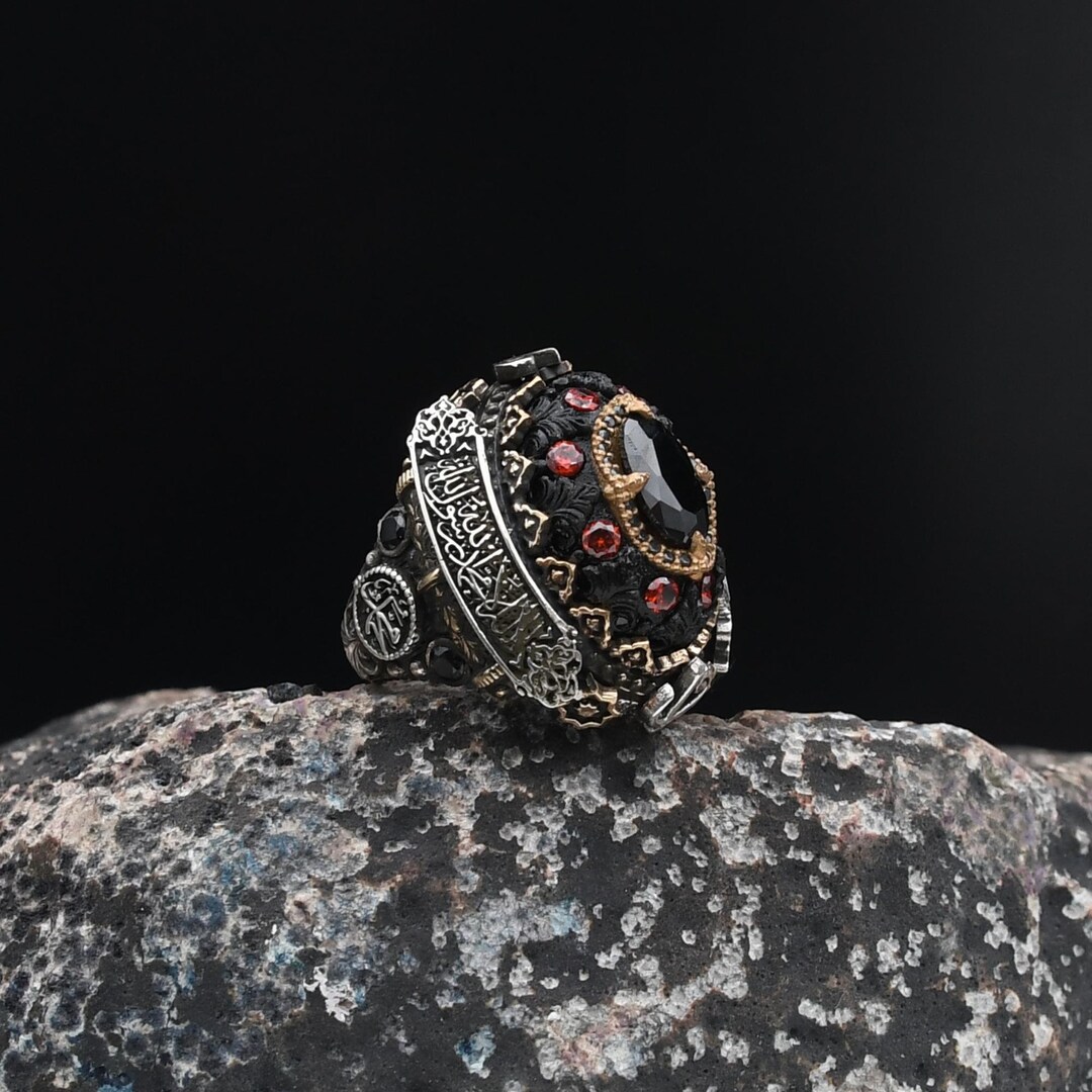 Onyx With Amber Gemstone Ring, Kalima Shahada Engraved Ring, 925 ...