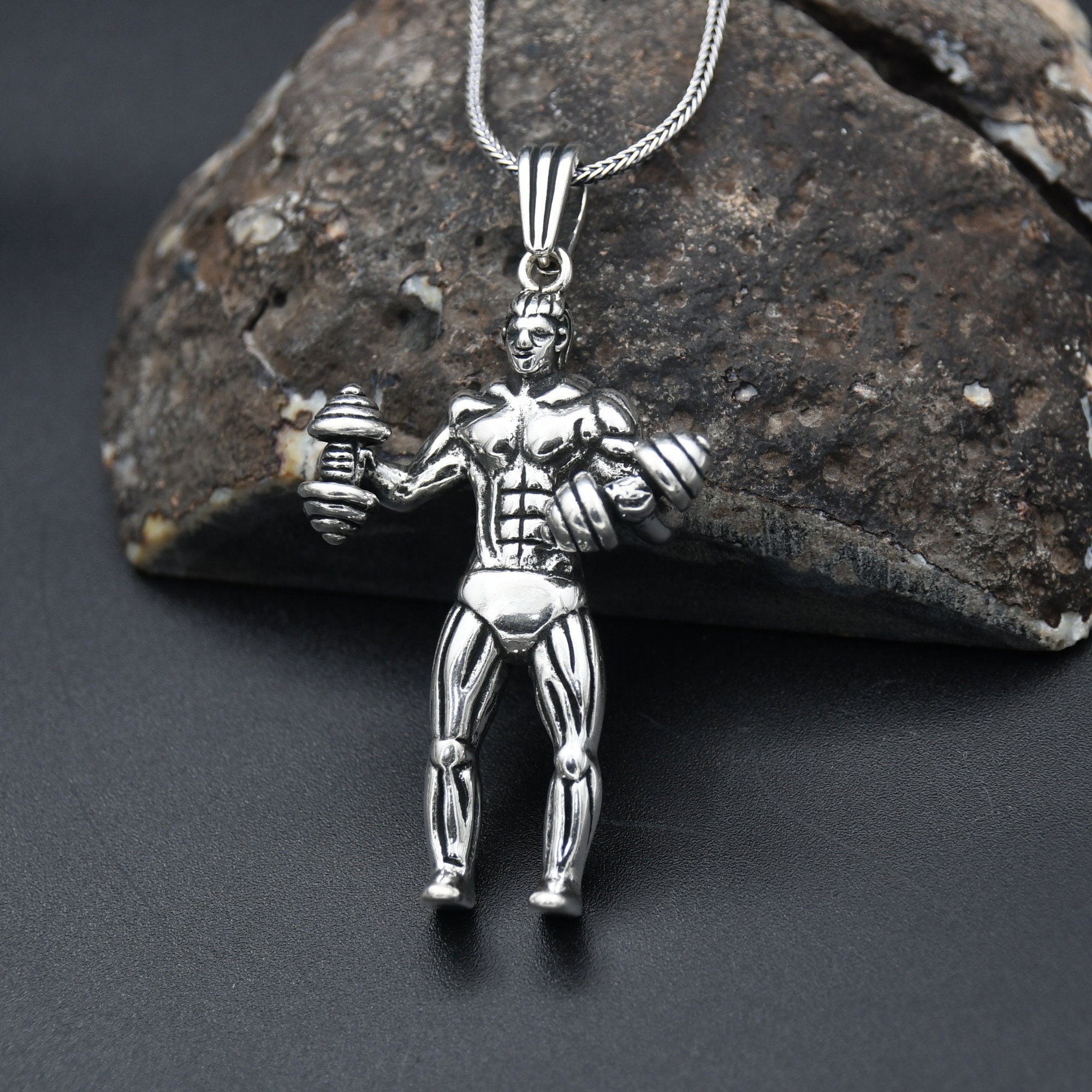 Bodybuilder Necklace 925k Silver Men Jewelry Gym Dumbbell - Etsy
