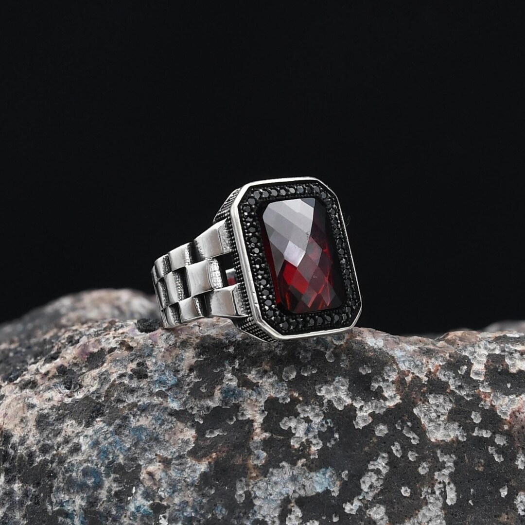 Watch Strap Design Silver Ring, Red Garnet Gemstone, Handmade Ring, 925 ...