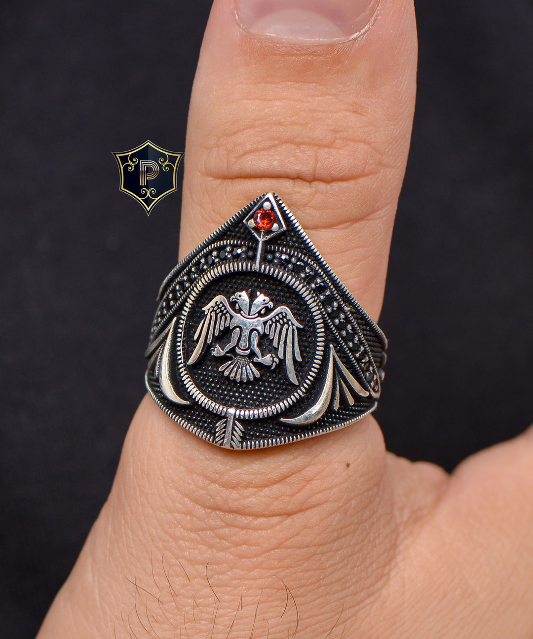 Selcuklu Double Head Eagle Thumb Men Ring, Archer Thumb Ring, 925 ...