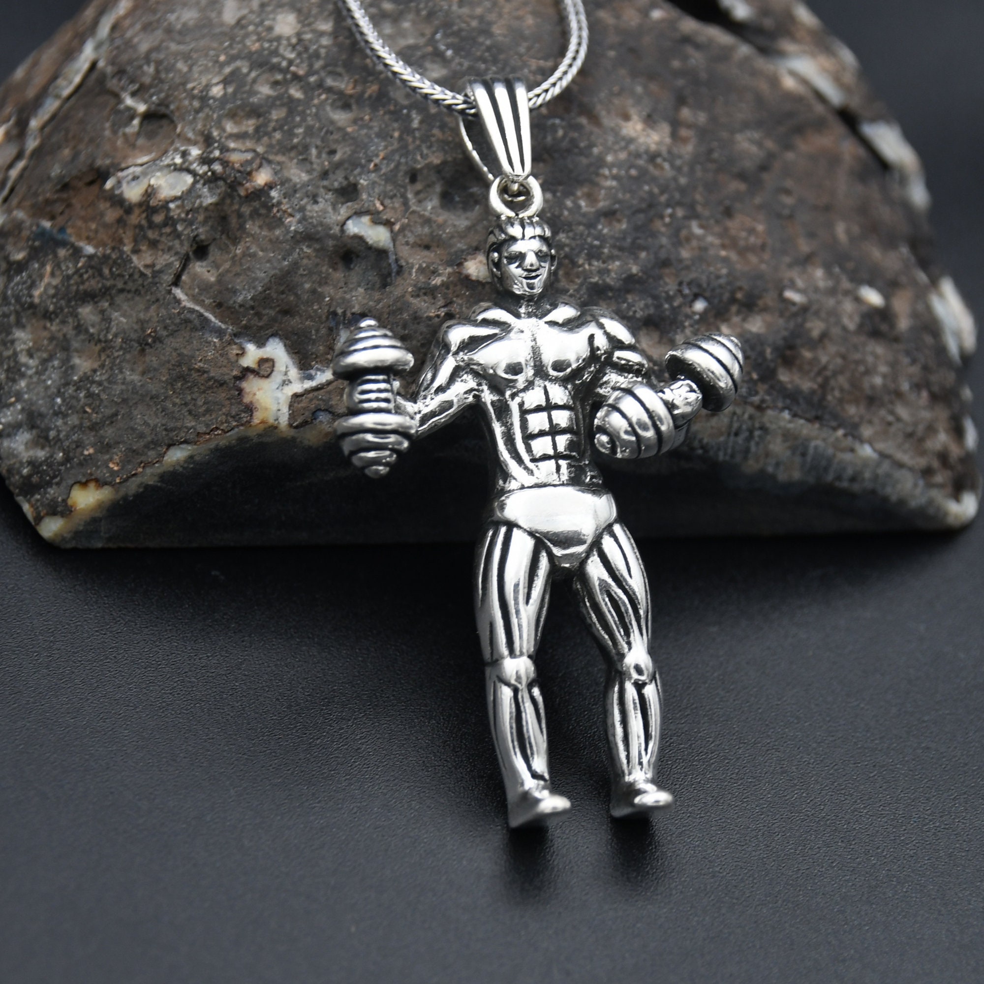Bodybuilder Necklace 925k Silver Men Jewelry Gym Dumbbell - Etsy