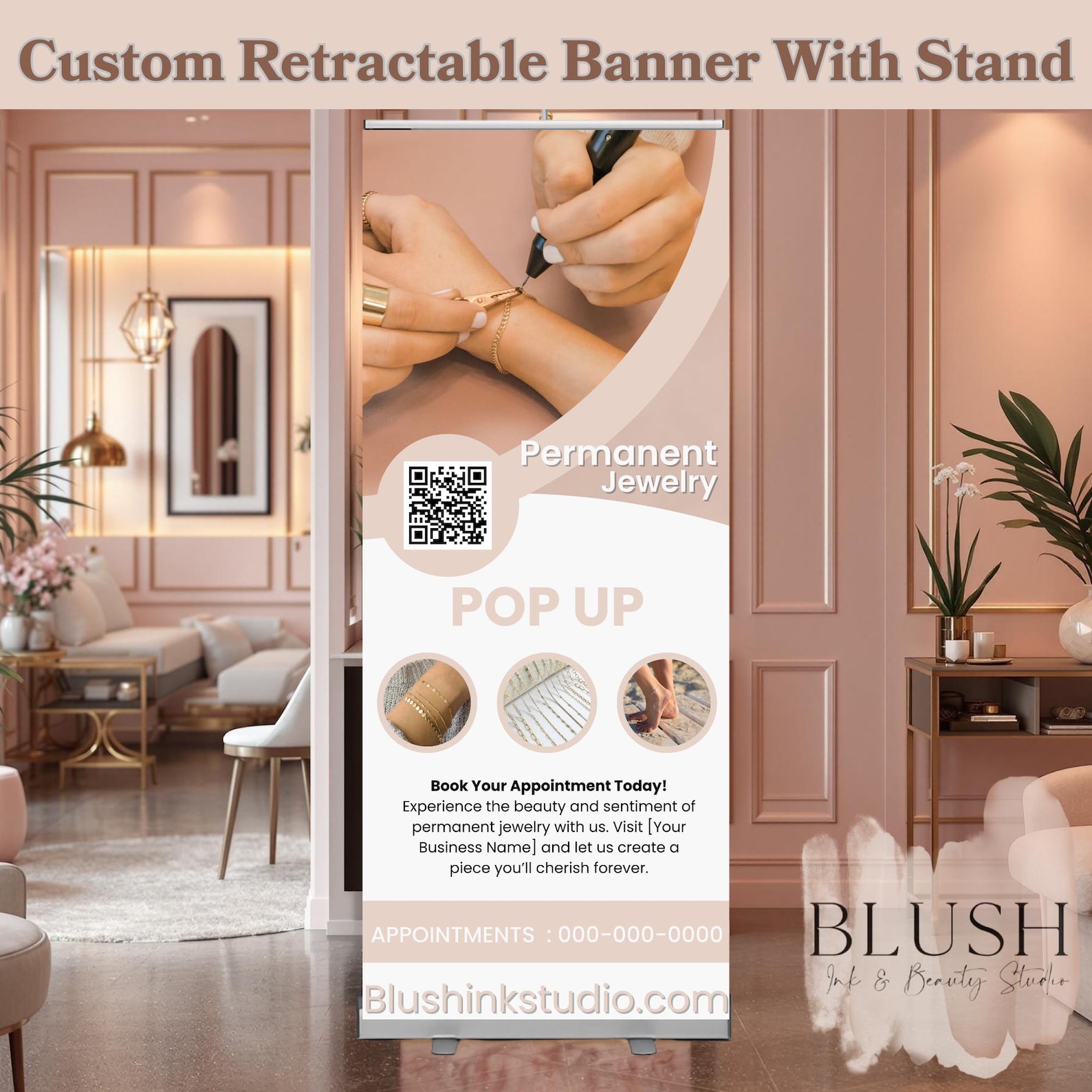 Custom Permanent Jewelry Retractable Banner With Stand: 31.5" X 79" - Etsy