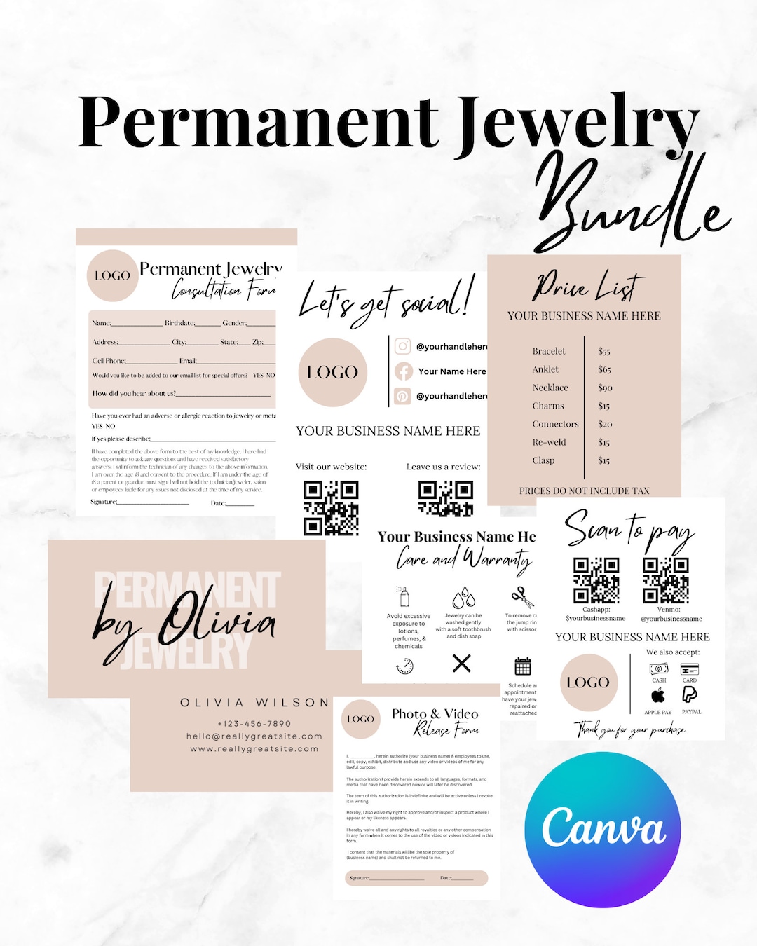 Permanent Jewelry Sign Templates Bundle: Editable QR Code (digital ...