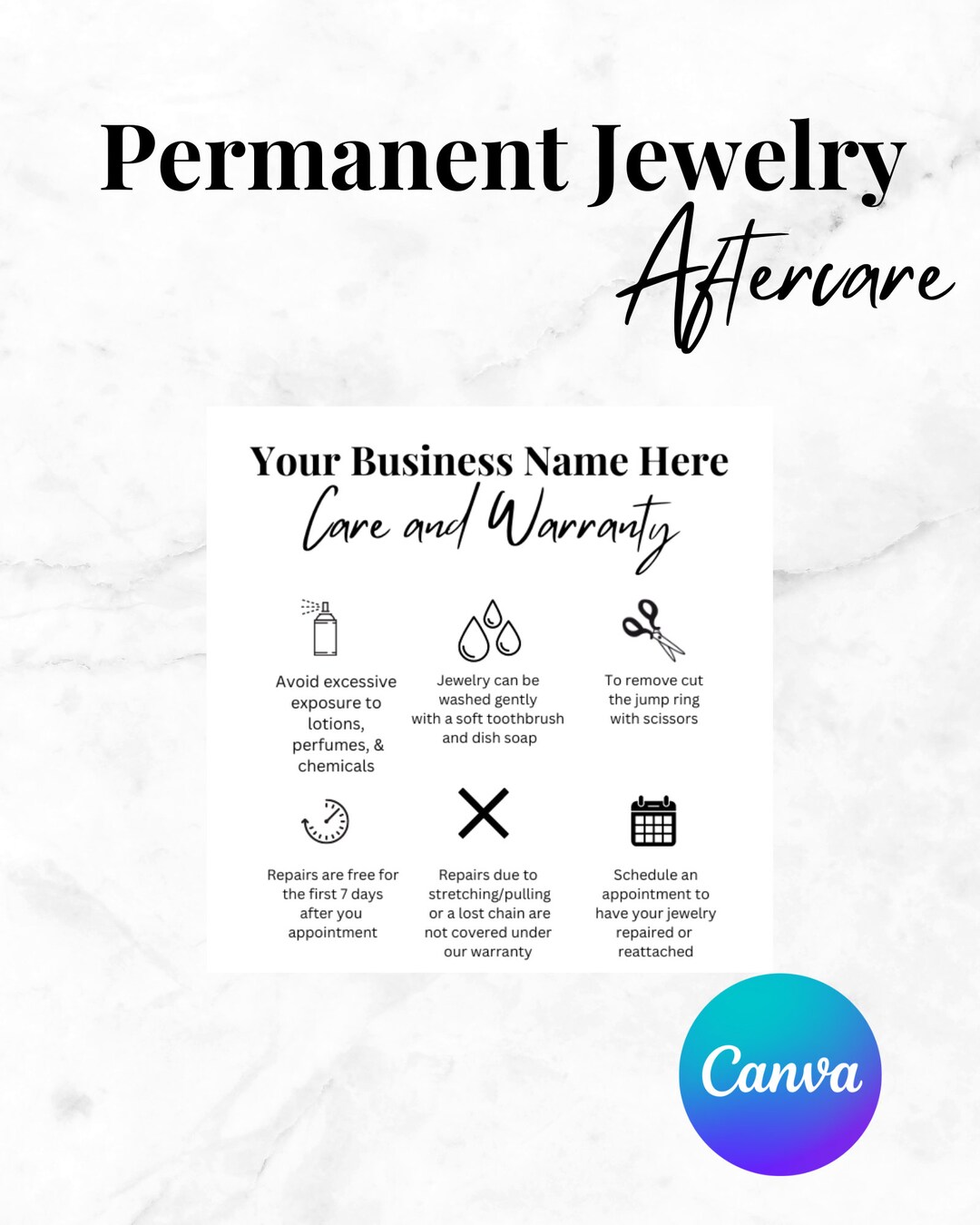 Permanent Jewelry Aftercare Card Template: Printable Business Card ...