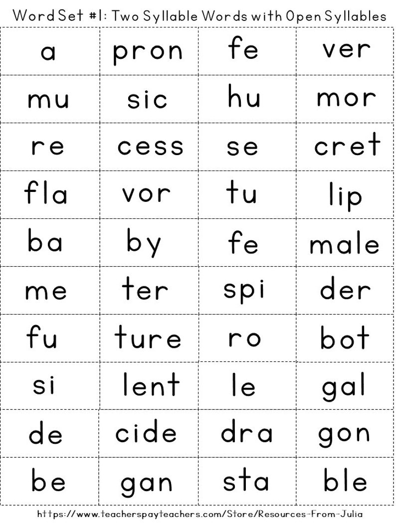 Reading Decoding Two Syllable Word Cards With Closed and Open Syllables ...