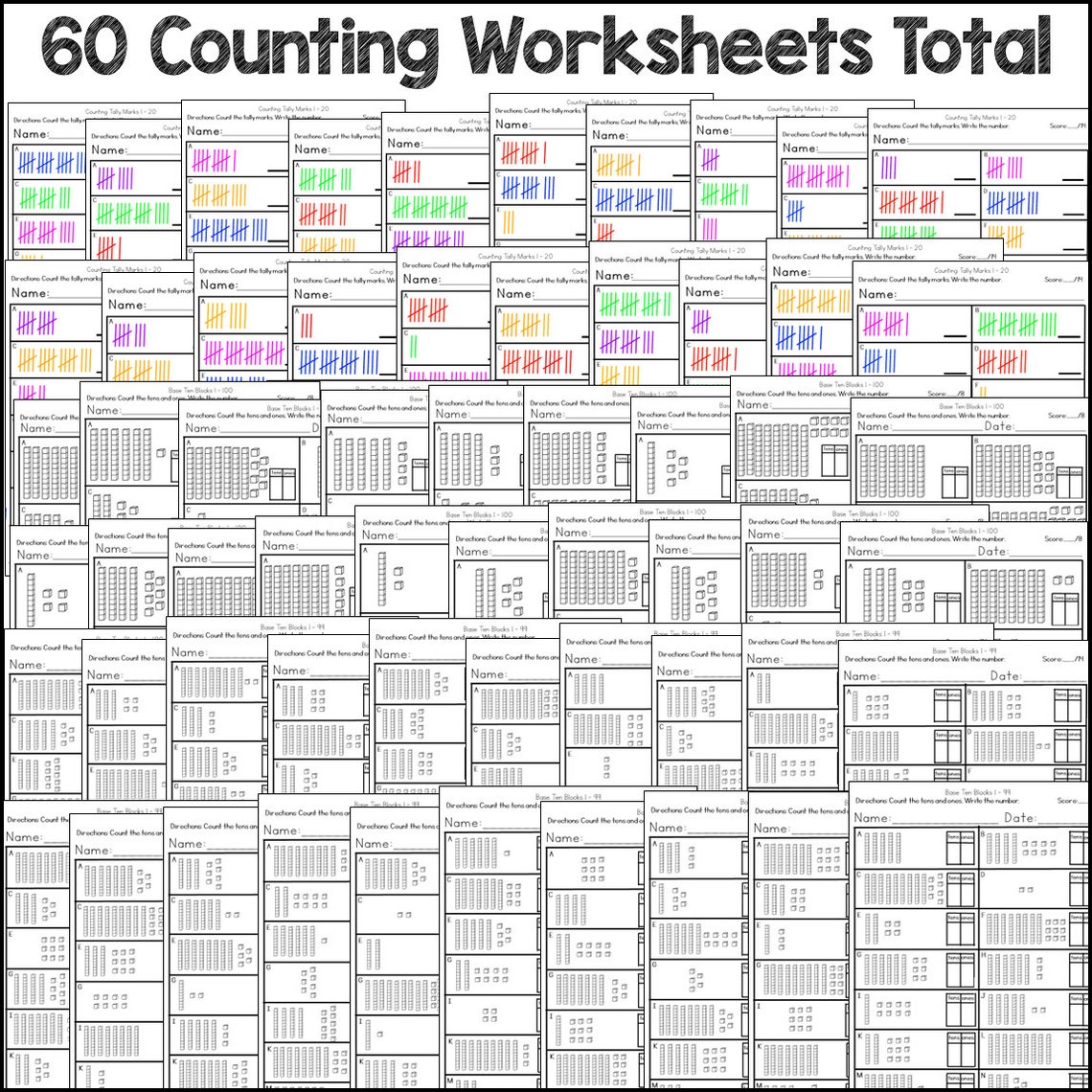 Counting to 100 Worksheets With Base Ten Blocks and Tally Marks for ...