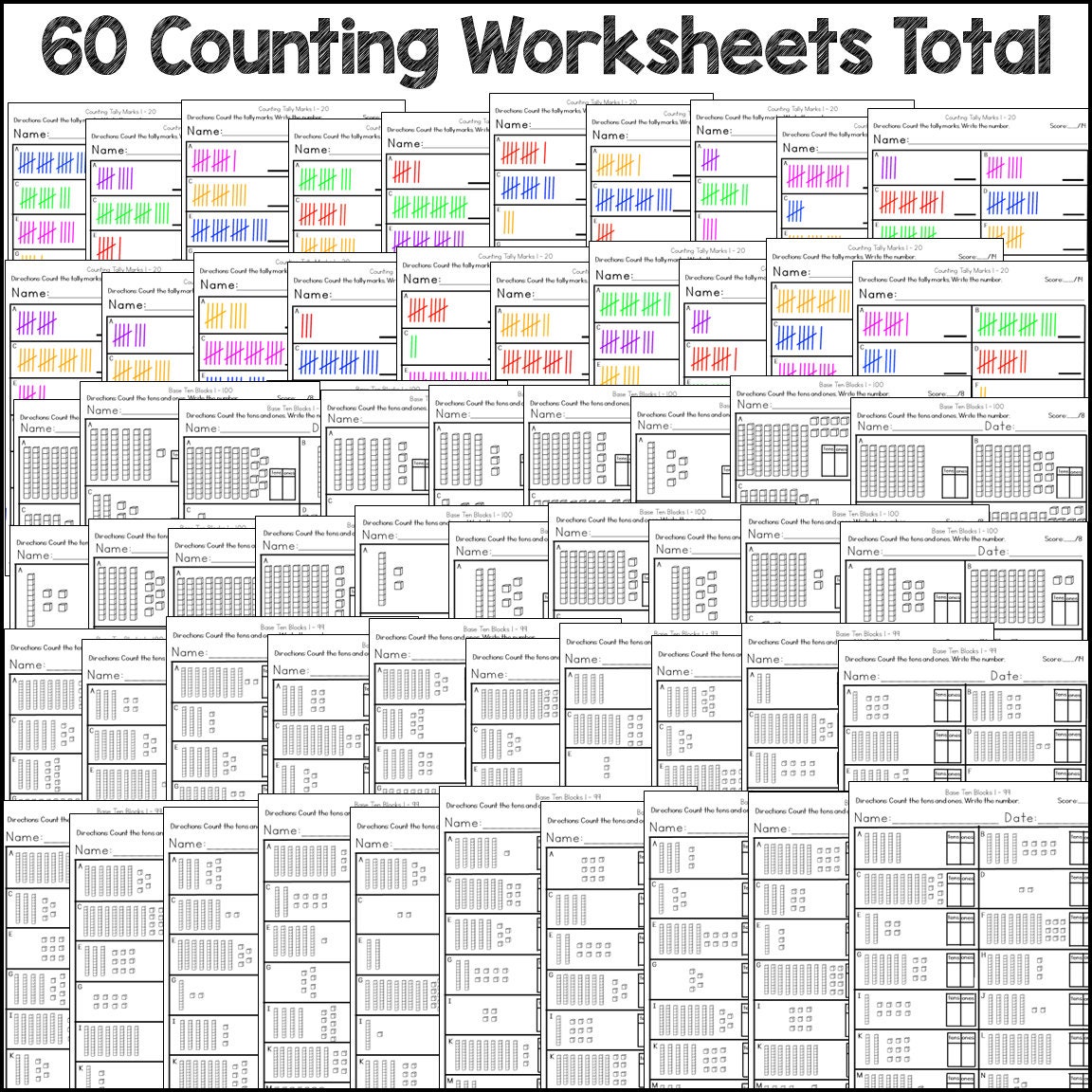 Counting to 100 Worksheets With Base Ten Blocks and Tally Marks for ...