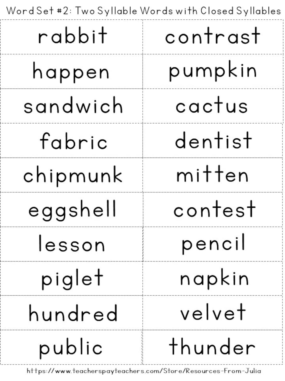 Reading Decoding Two Syllable Word Cards With Closed and Open Syllables ...