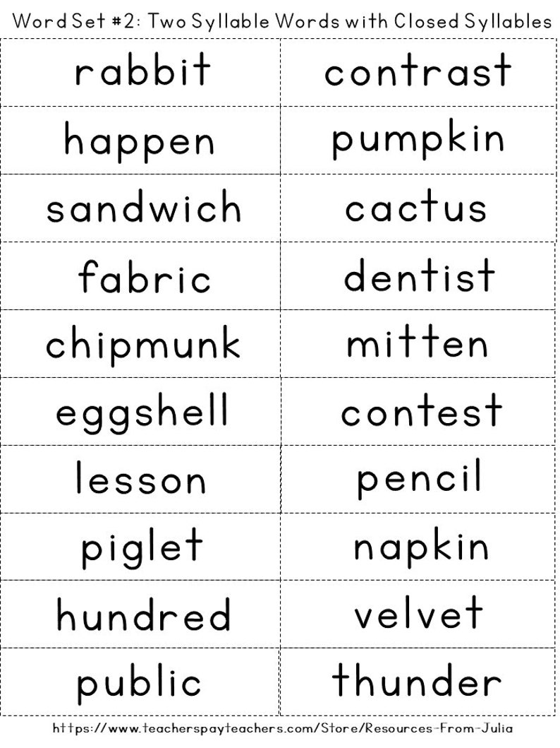Reading Decoding Two Syllable Word Cards With Closed and Open Syllables ...