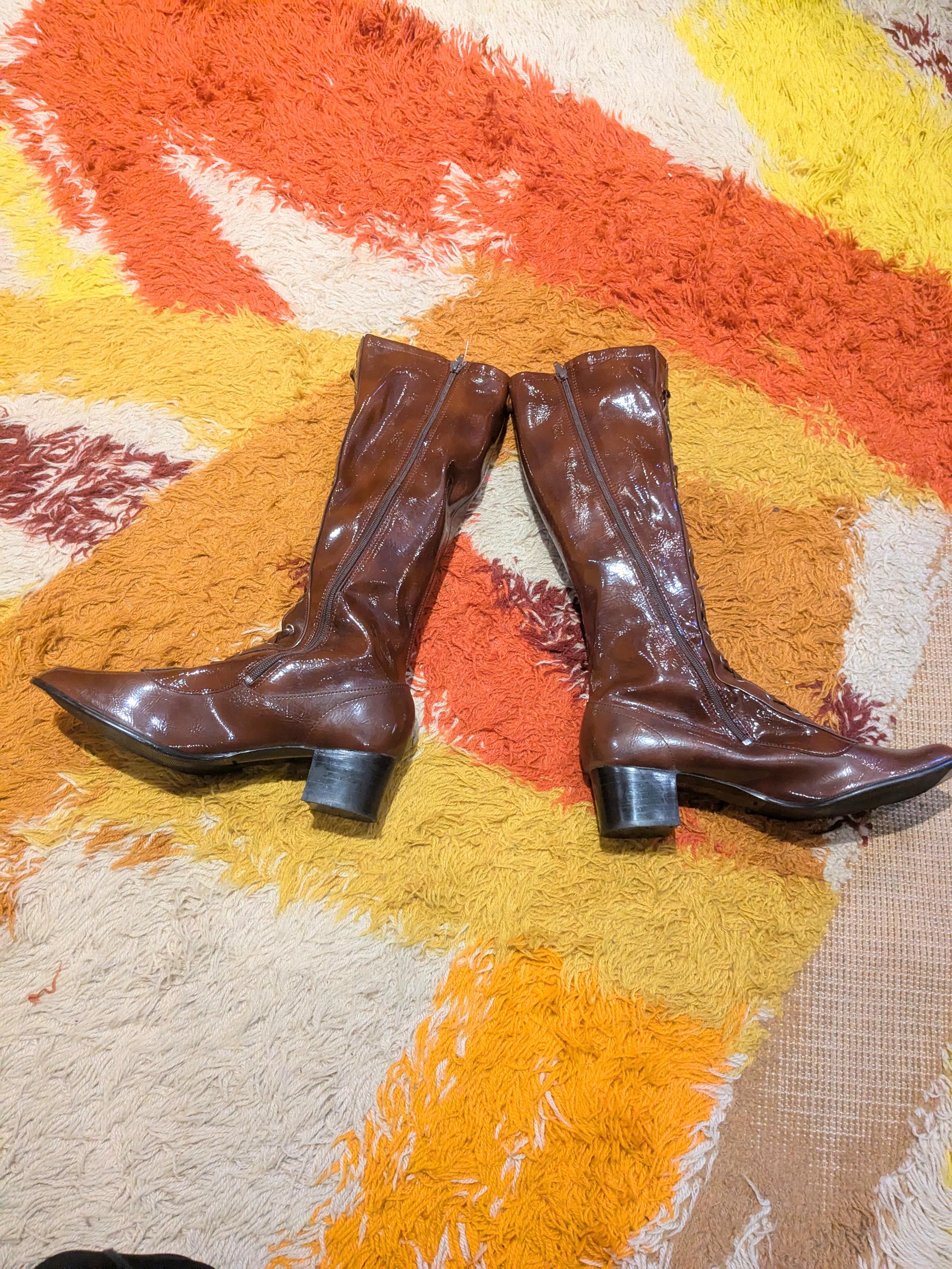 60s Gogo Boots Vinyl Made in Japan Deadstock Size 10 Brown Lace up Knee ...