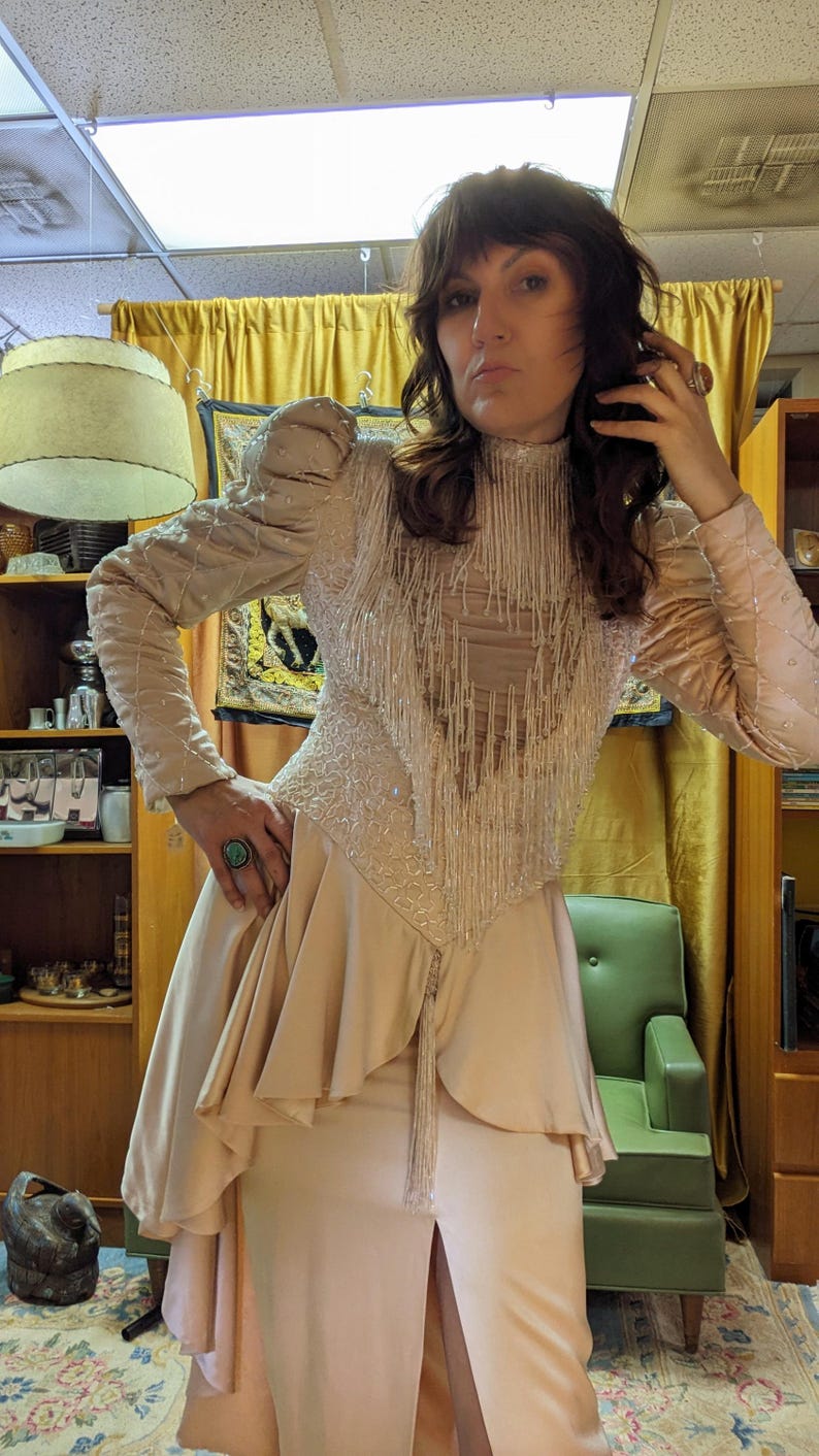 1980s Tony Chase Blush Beaded Satin Gown. Designer to Dolly Parton ...