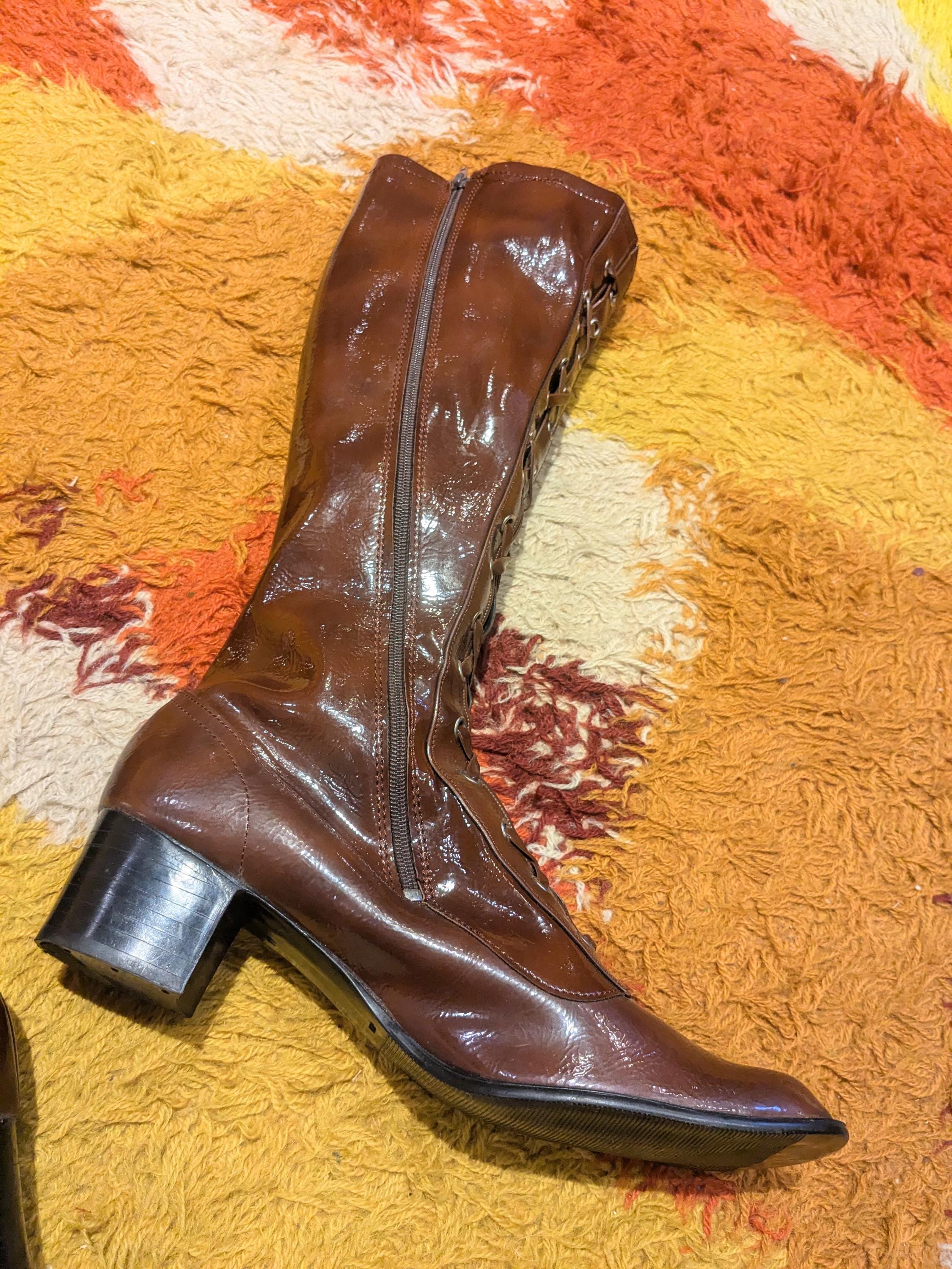 60s Gogo Boots Vinyl Made in Japan Deadstock Size 10 Brown Lace up Knee ...