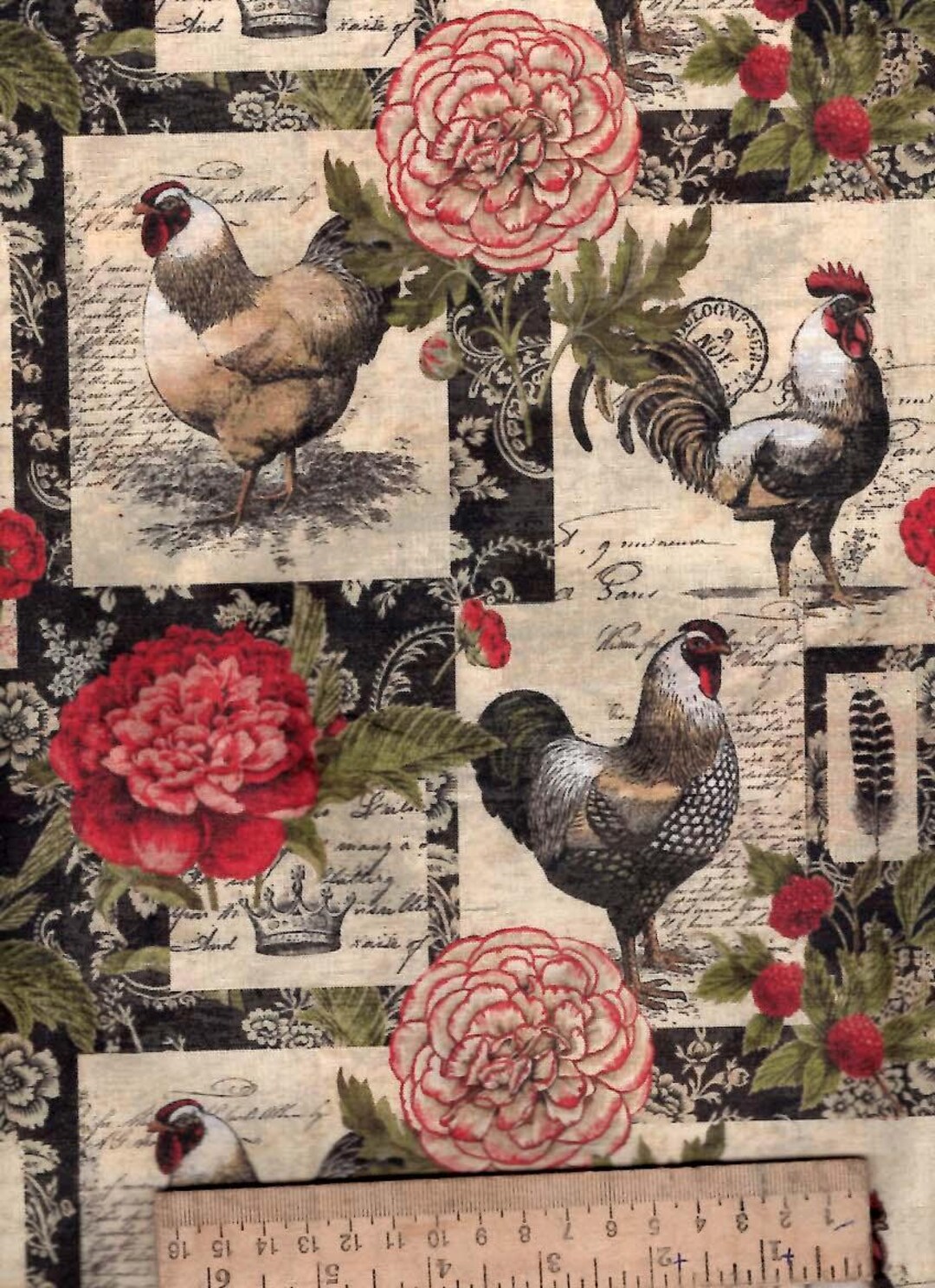 Patchwork French Roosters Chickens Floral Patch Springs Creative Fabric ...