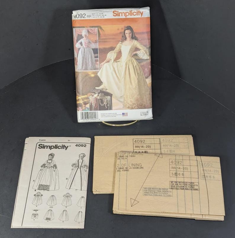 Simplicity 4092 Costume Pattern Historical 1700s French Gown Georgian ...