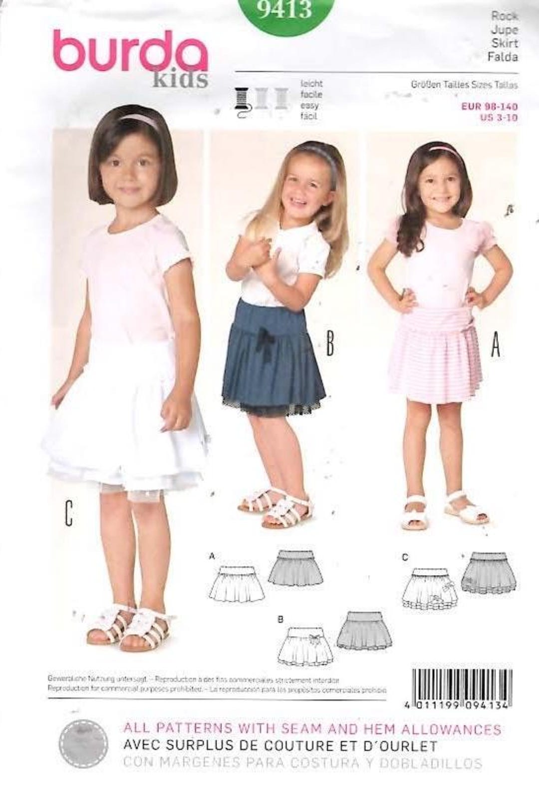 Burda 9413 Child's Girls Skirt Clothing Sizes 3 to 10 New Uncut Sewing ...