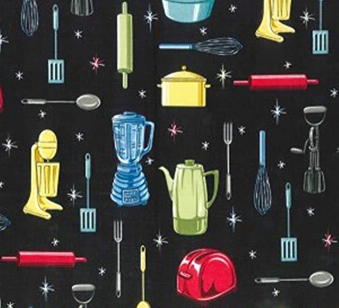 Retro Appliances Black Background Kitchen Print Fabric Traditions ...