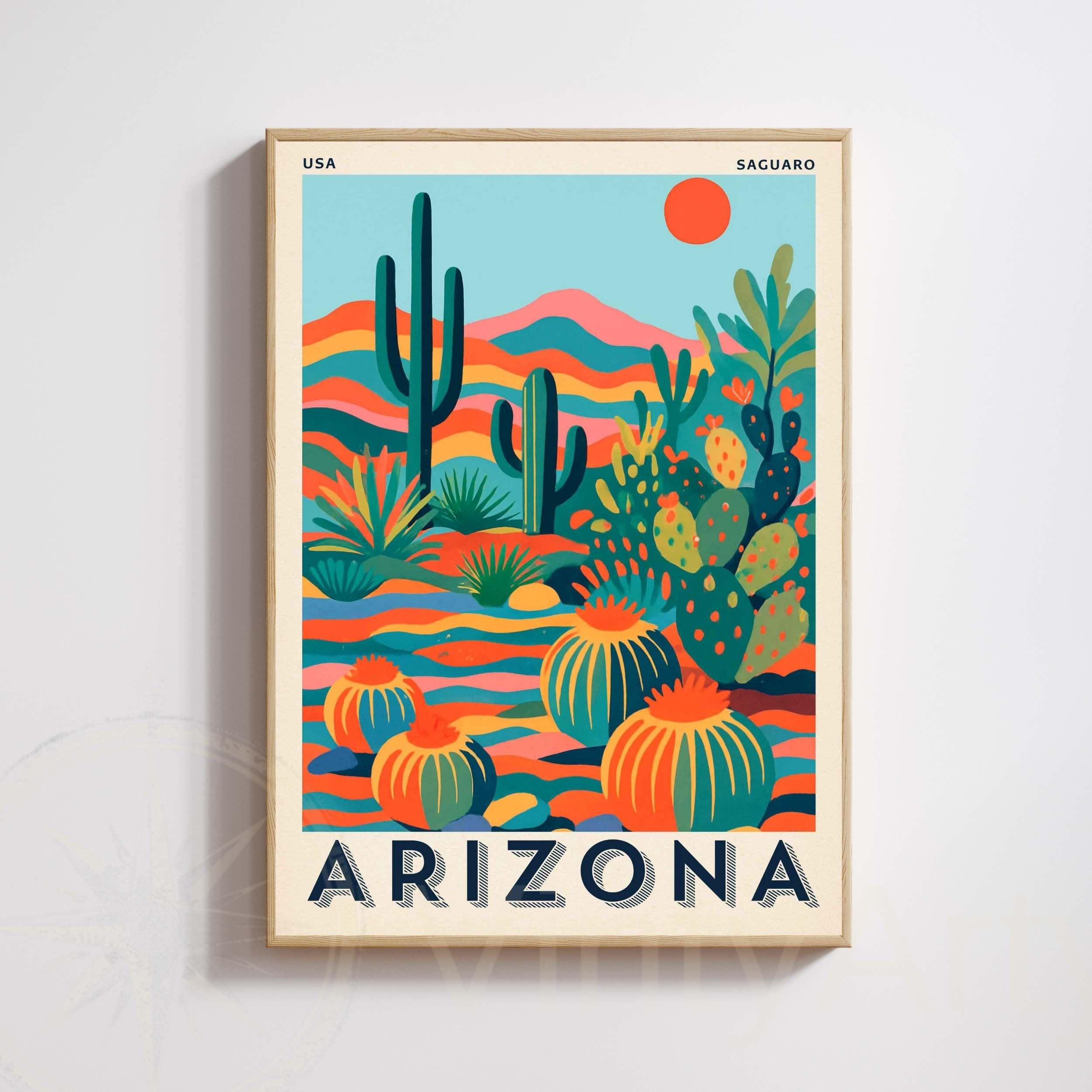 Arizona Desert Print | Colorful Cactus Poster | Vintage USA Travel Wall ...
