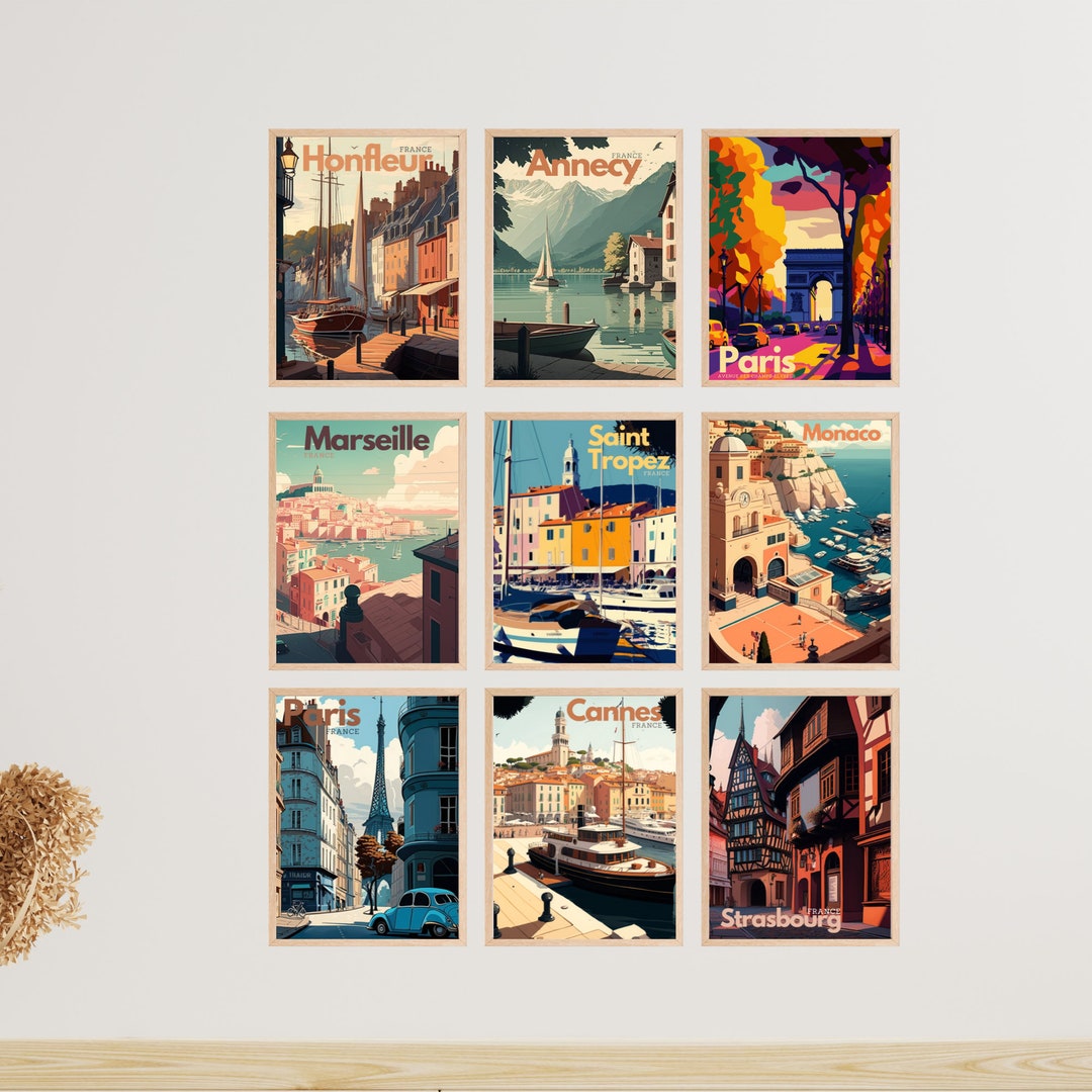 Set of 9 France Posters: Paris, Marseille, Strasbourg, Annecy, Cannes ...