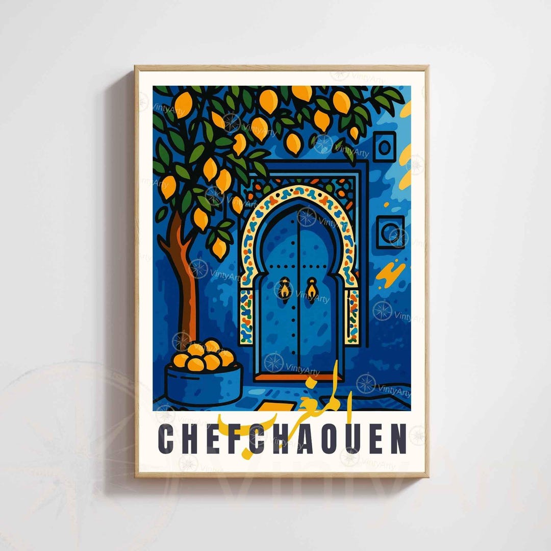Chefchaouen Poster – Blue Door and Orange Tree | Morocco Wall Art and ...