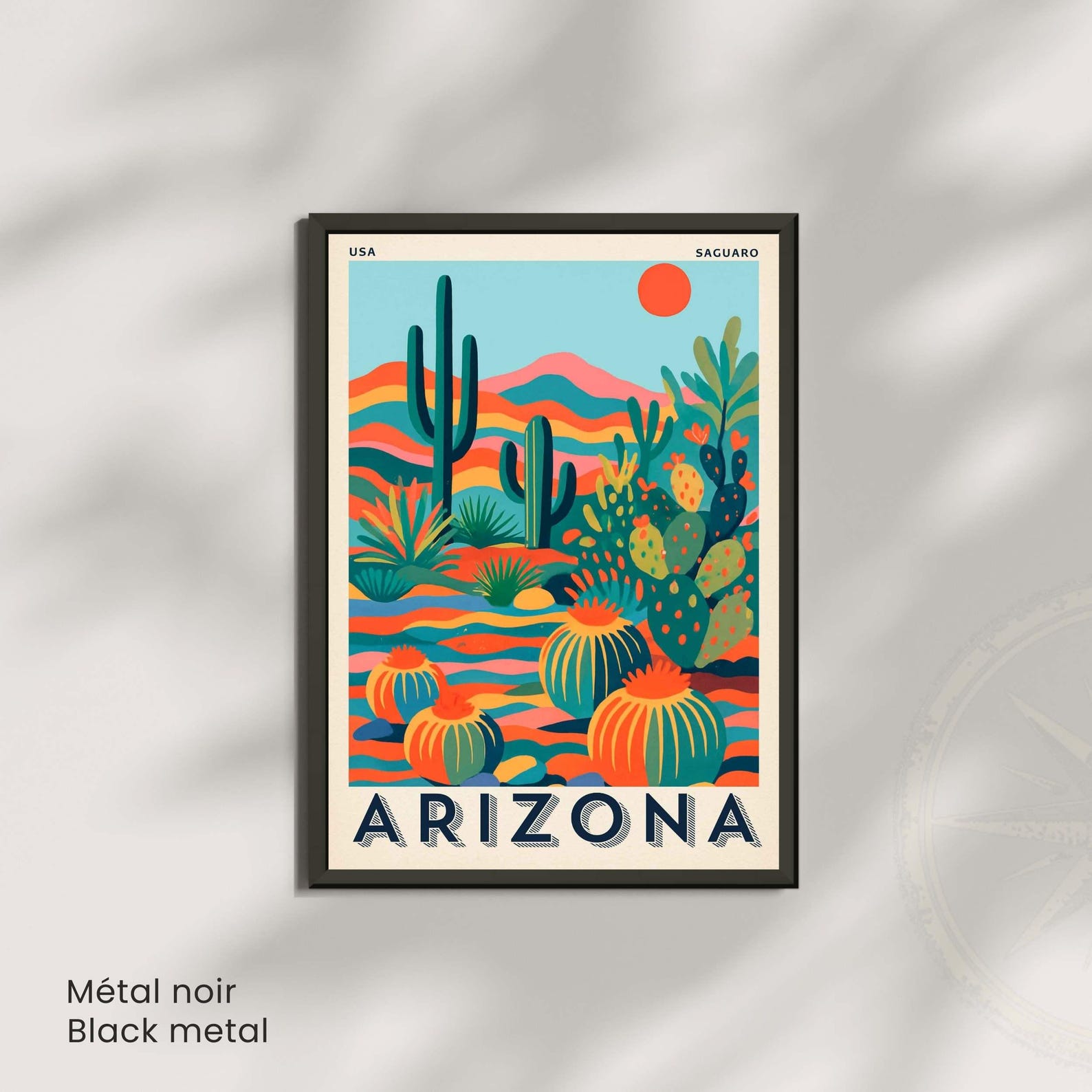Arizona Desert Print | Colorful Cactus Poster | Vintage USA Travel Wall ...