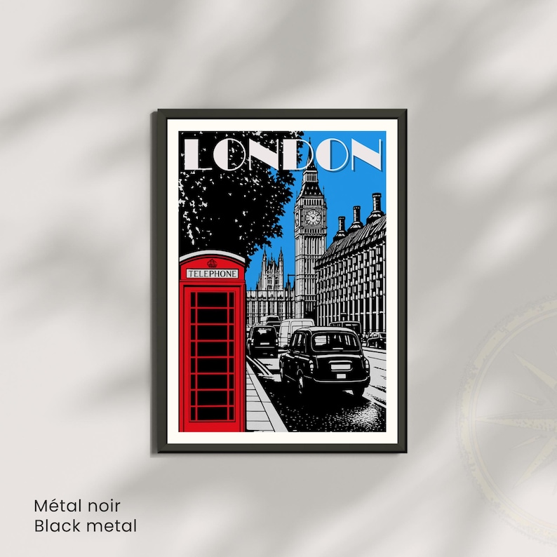 London Poster – Big Ben, Red Telephone Box & Black Cab | Vintage Travel ...