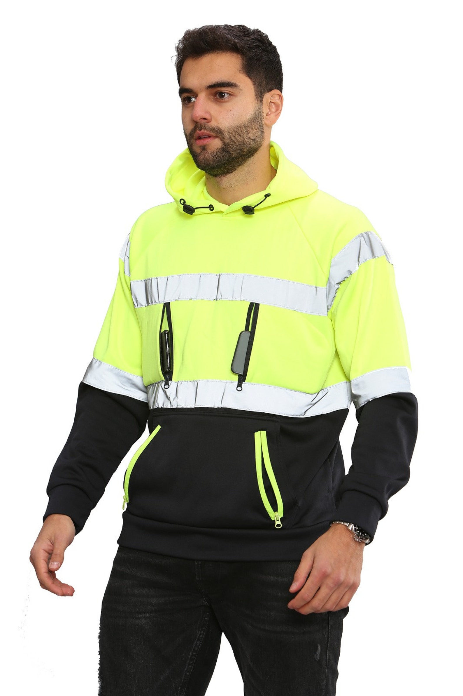 Men's Hi Vis 4 Zip Pullover Hoodie Safety Work Wear Hoodie Top Jacket ...
