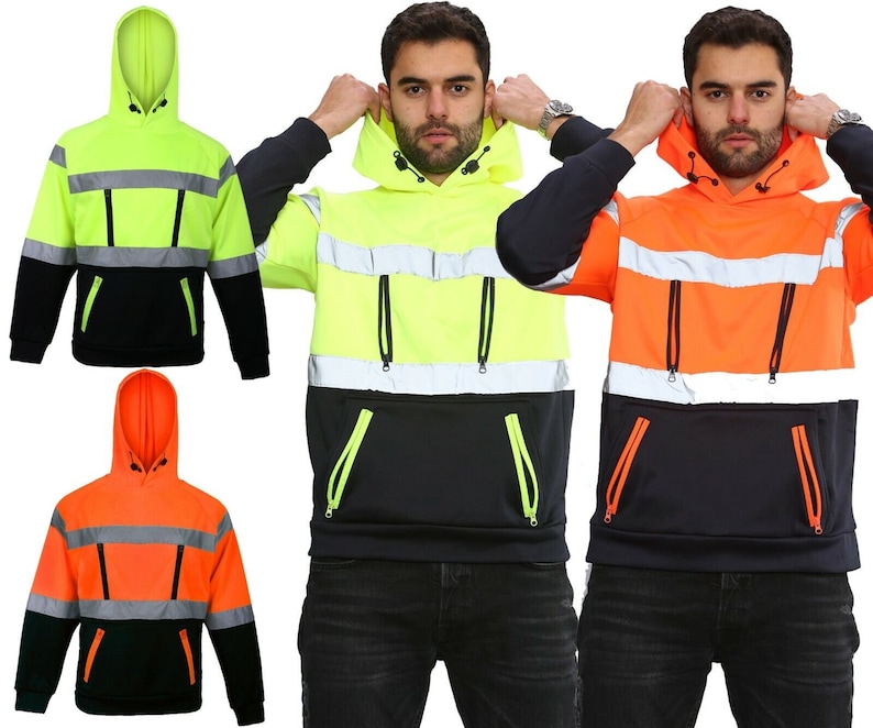 Men's Hi Vis 4 Zip Pullover Hoodie Safety Work Wear Hoodie Top Jacket ...