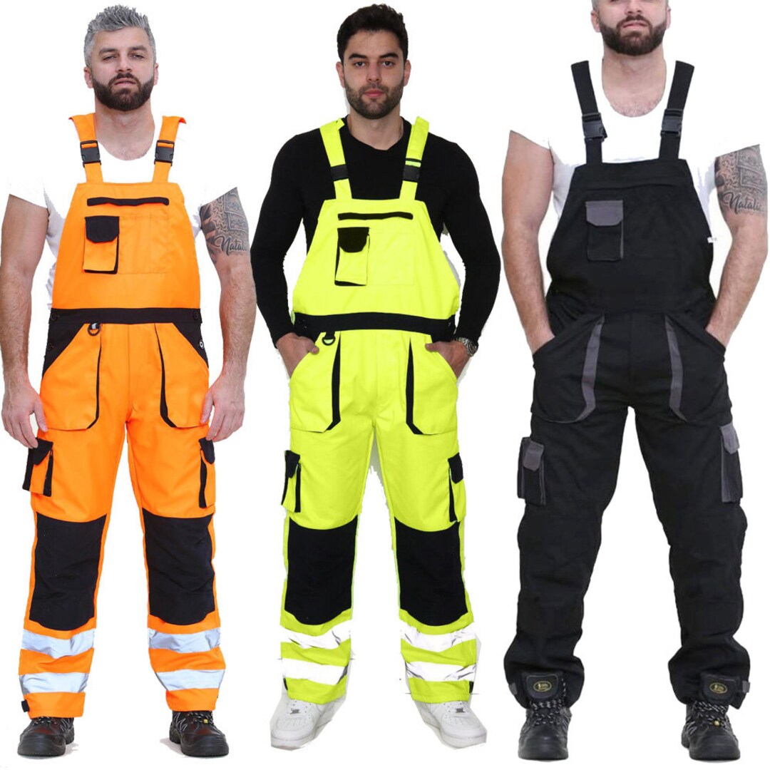 Men's Hi Vis Contrast Bib & Brace Dungaree Work Wear Breathable Overall ...