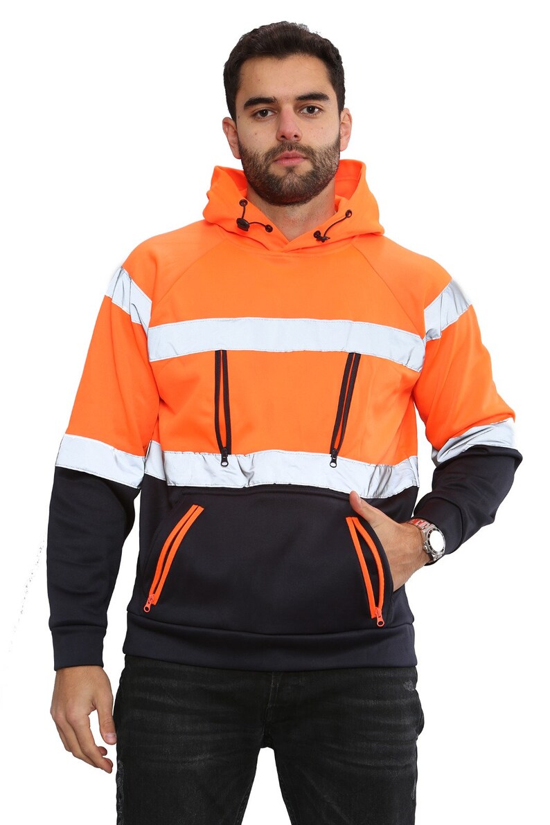 Men's Hi Vis 4 Zip Pullover Hoodie Safety Work Wear Hoodie Top Jacket ...