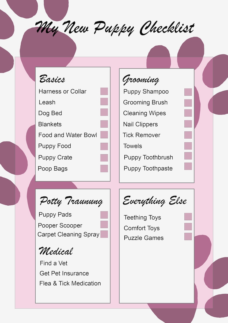 New Puppy Checklist A4 - Etsy
