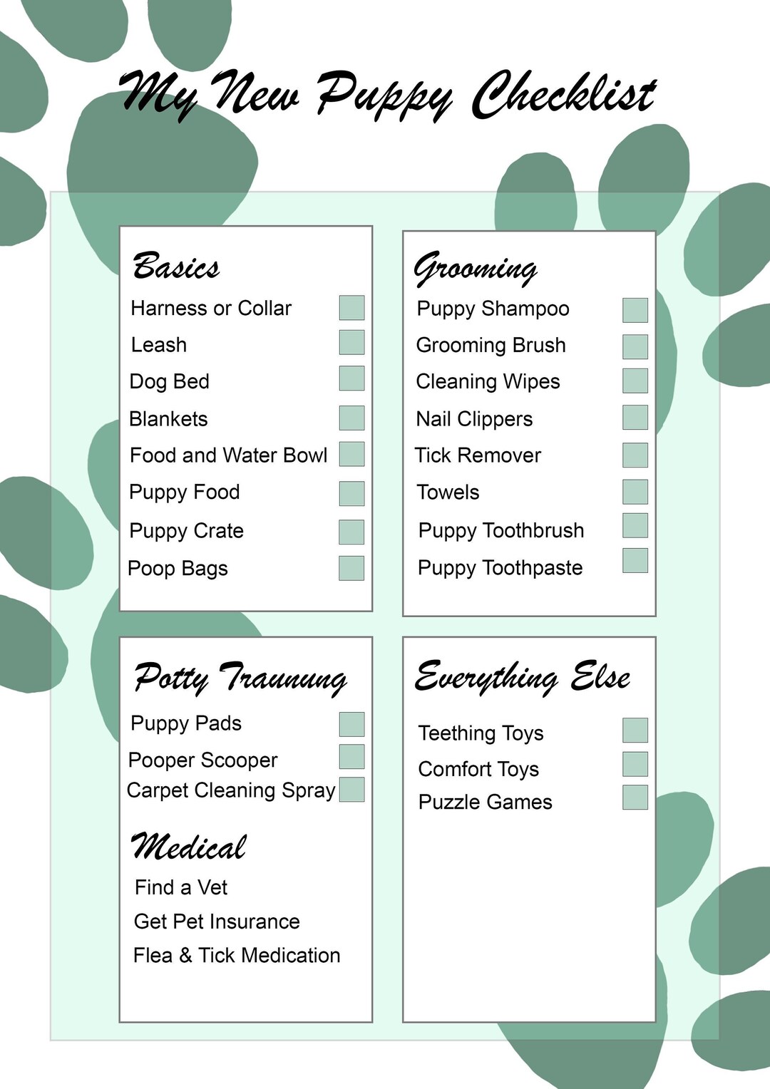 New Puppy Checklist A4 - Etsy