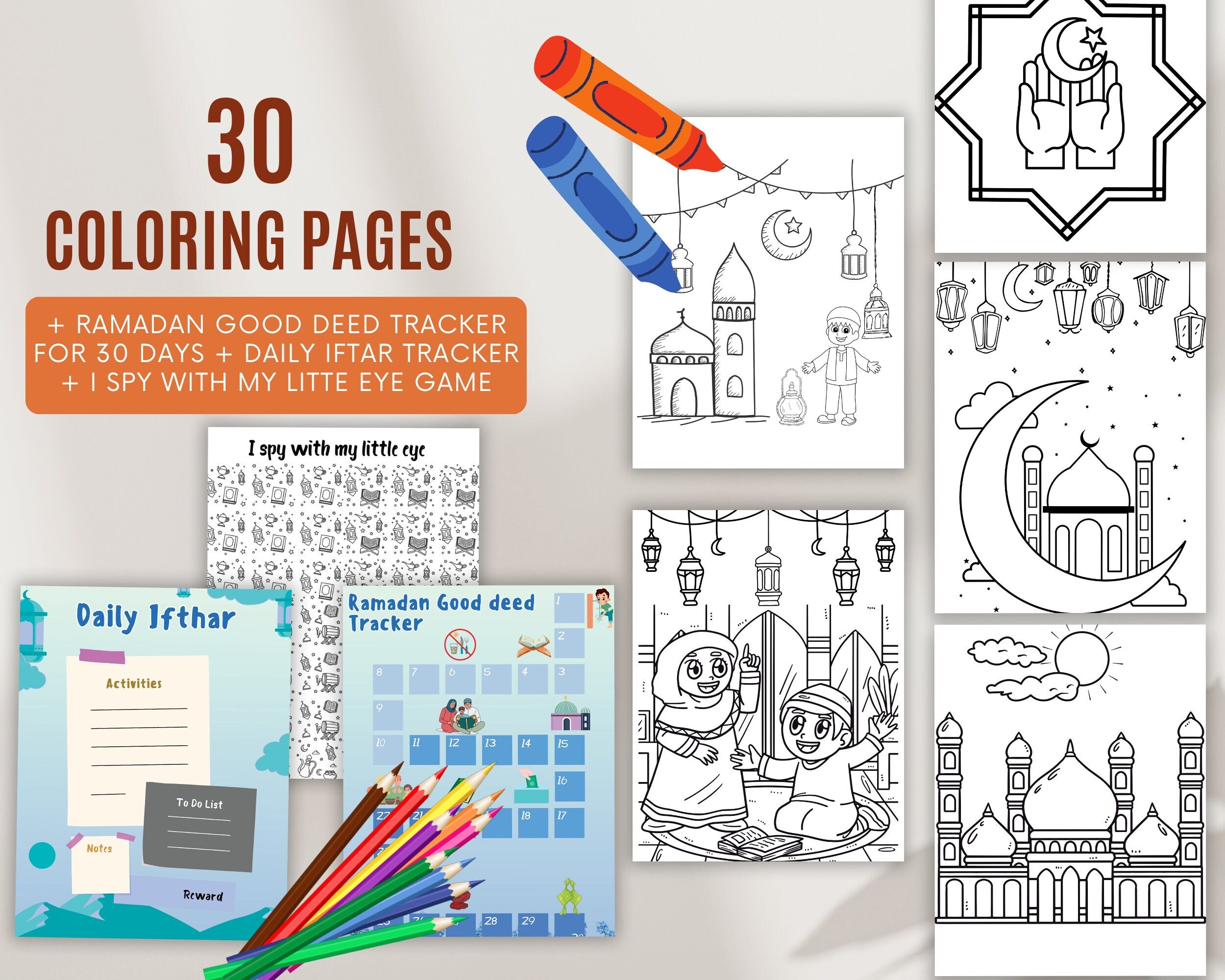 30 Children Coloring Pages + 2 Ramadan Trackers | Ramadan and Eid ...